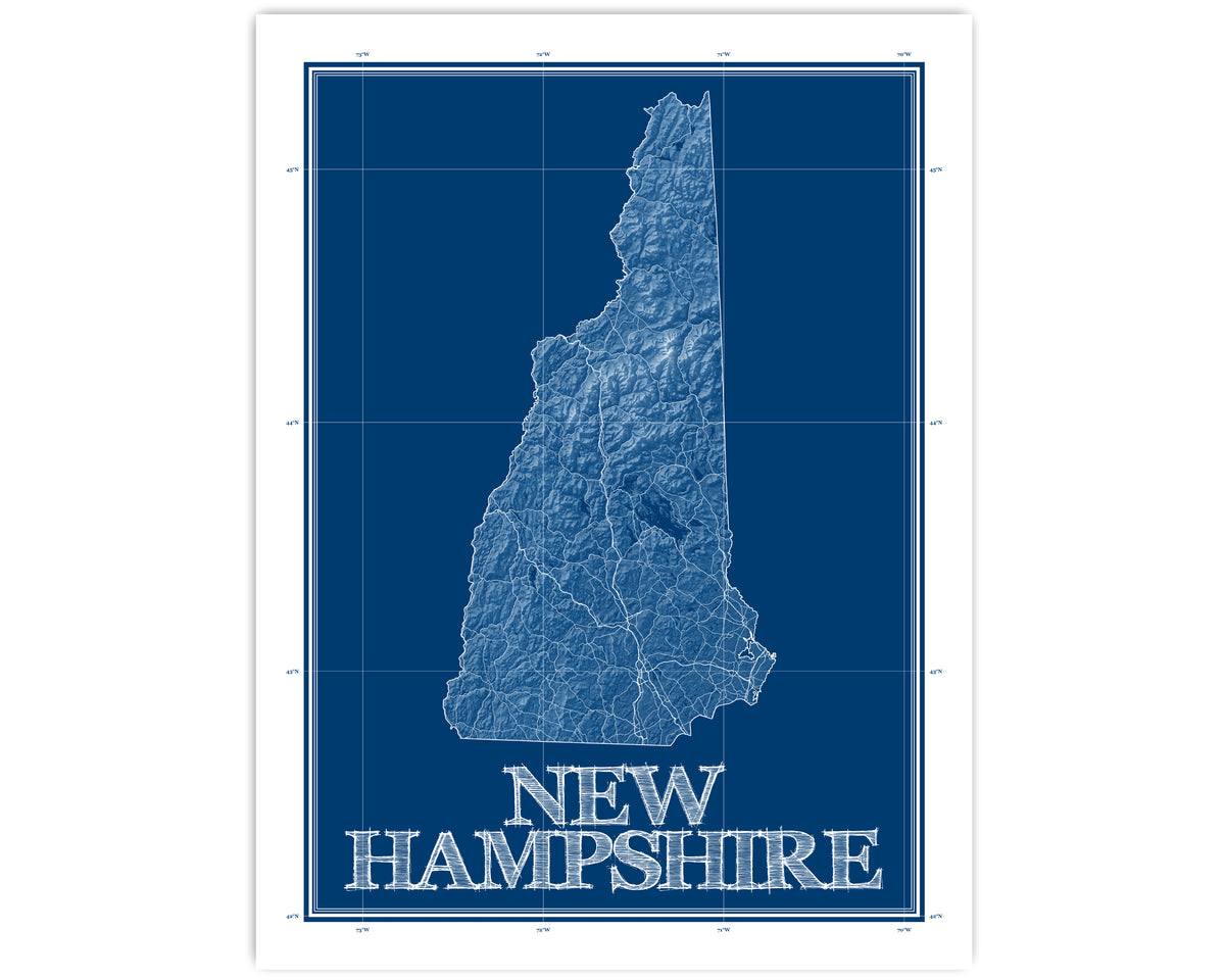 New Hampshire State Topographic Map Wall Art Print Poster with Blue Pa ...