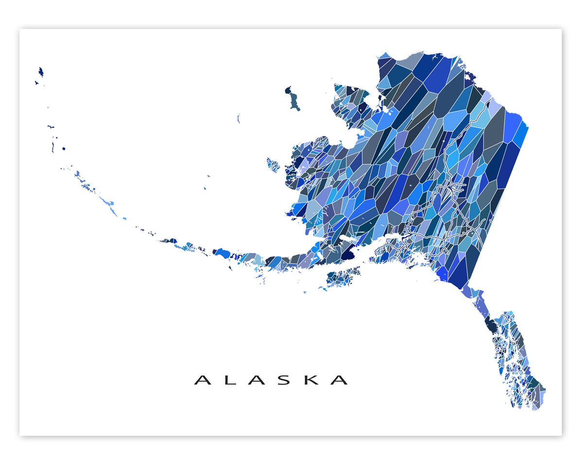 Alaska Map Wall Art Print Poster, Blue Geometric AK State Road Maps, A ...