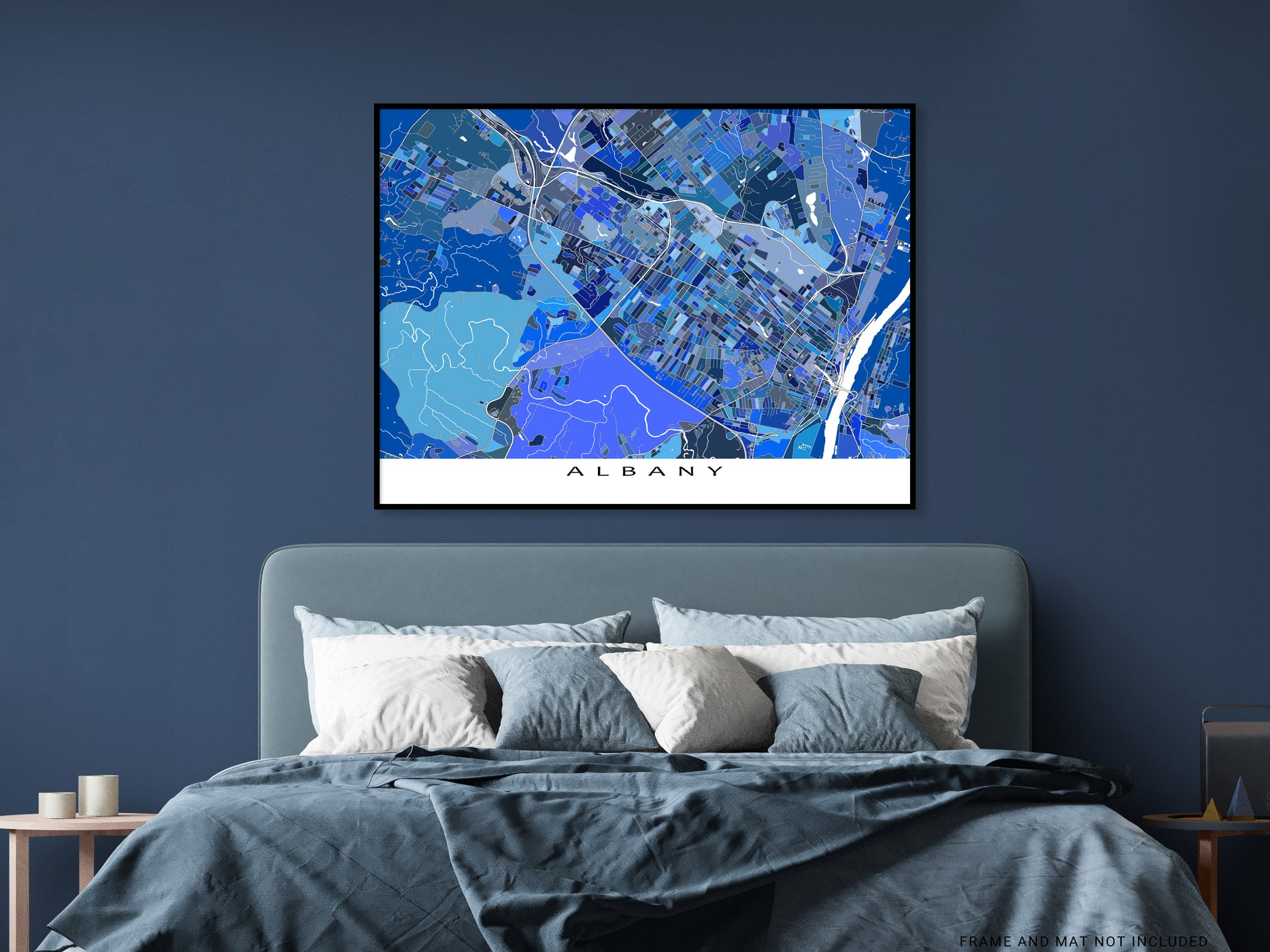 Albany Map NY Wall Art Print Poster, Blue Geometric New York, USA City ...