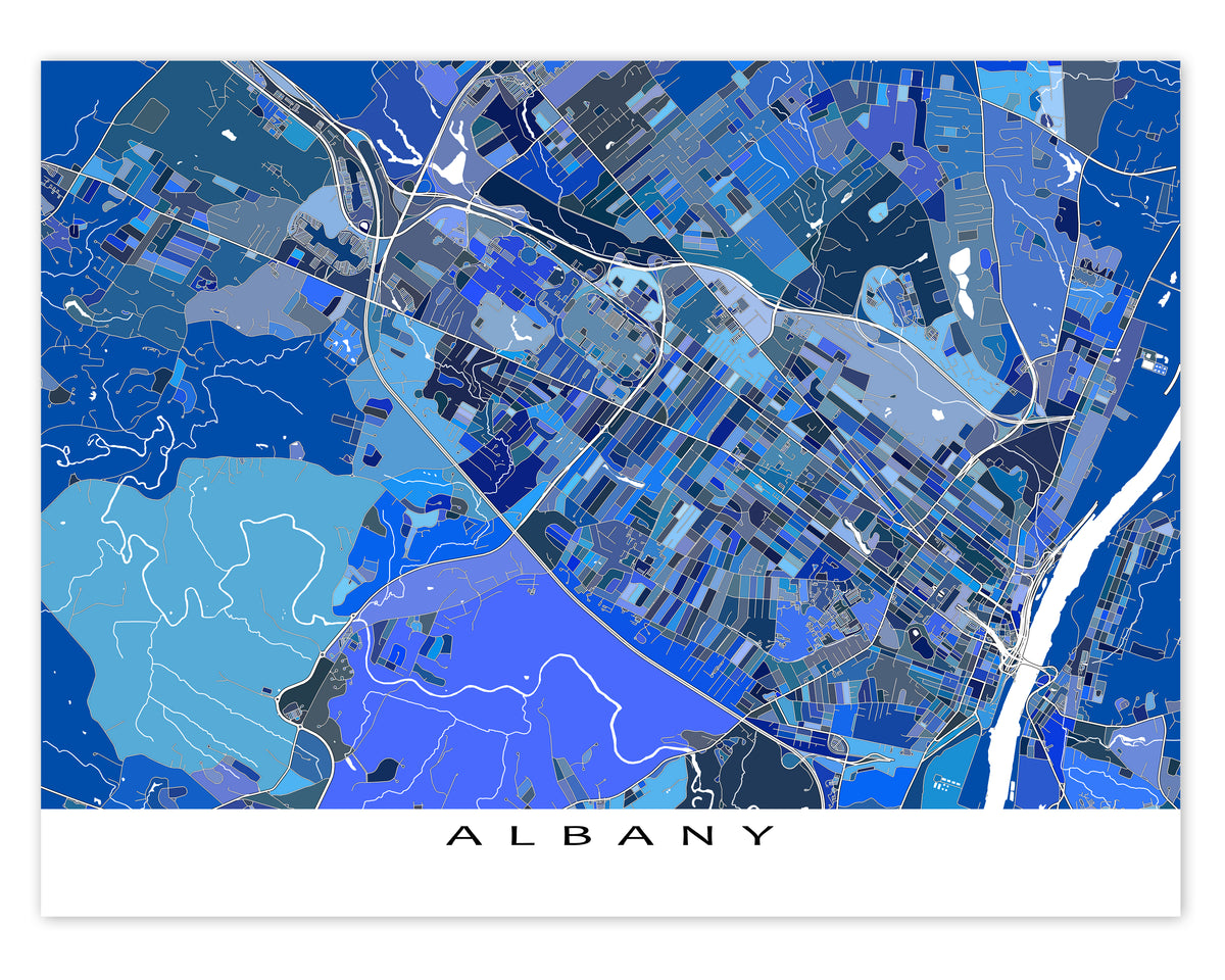Albany Map NY Wall Art Print Poster, Blue Geometric New York, USA City ...