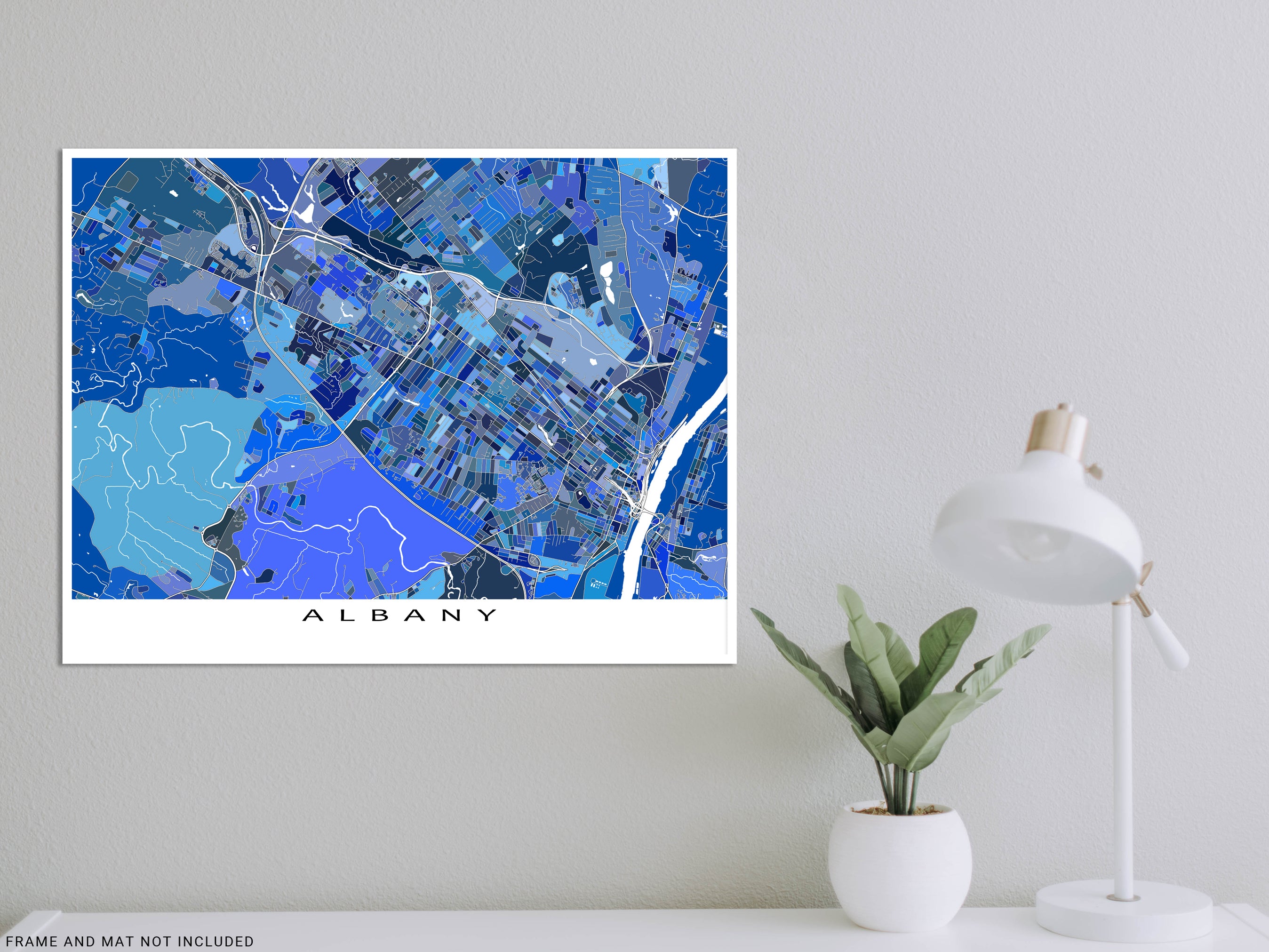 Albany Map NY Wall Art Print Poster, Blue Geometric New York, USA City ...