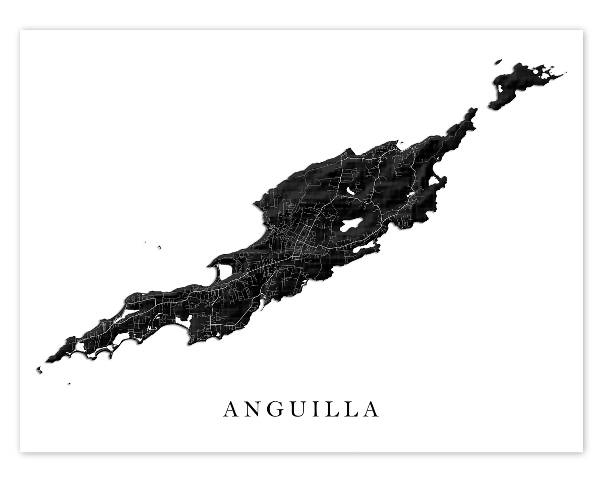 Anguilla Map Print Poster, Black and White Topographic Caribbean Islan ...