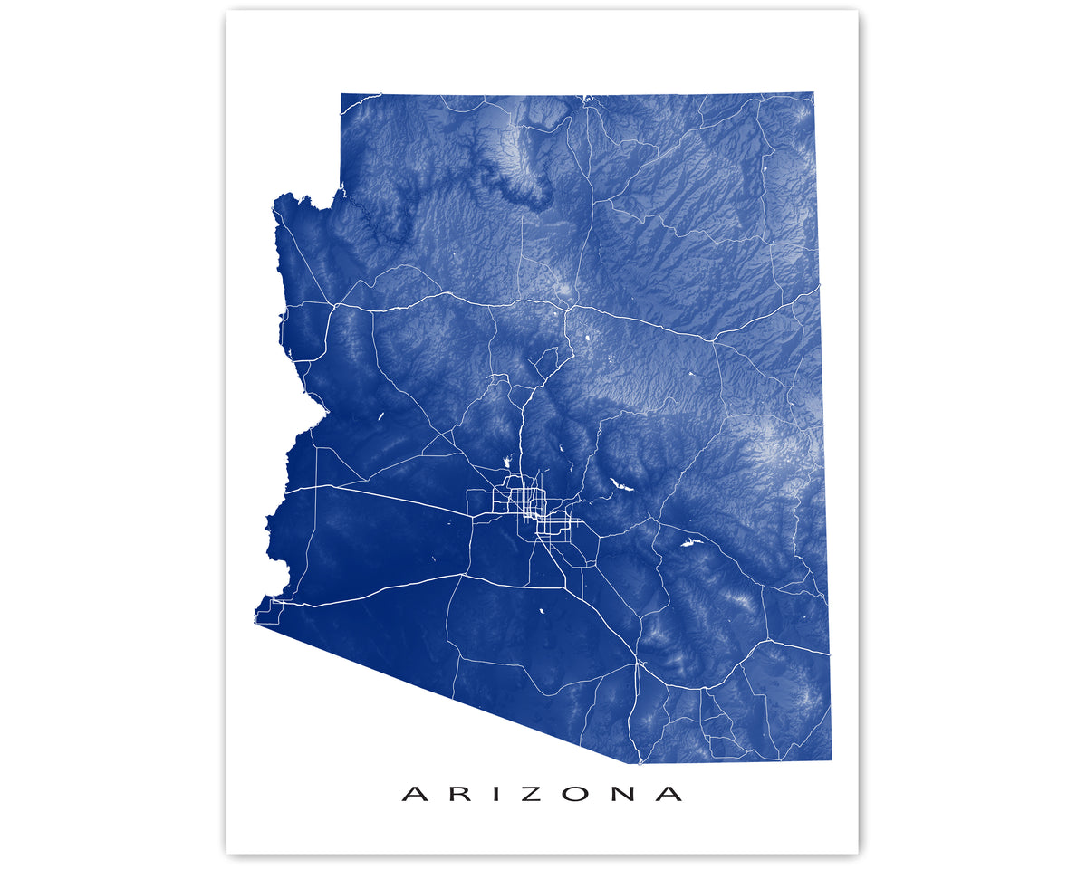 Arizona State Map Wall Art Print Poster, Topographic Terrain AZ Road M ...