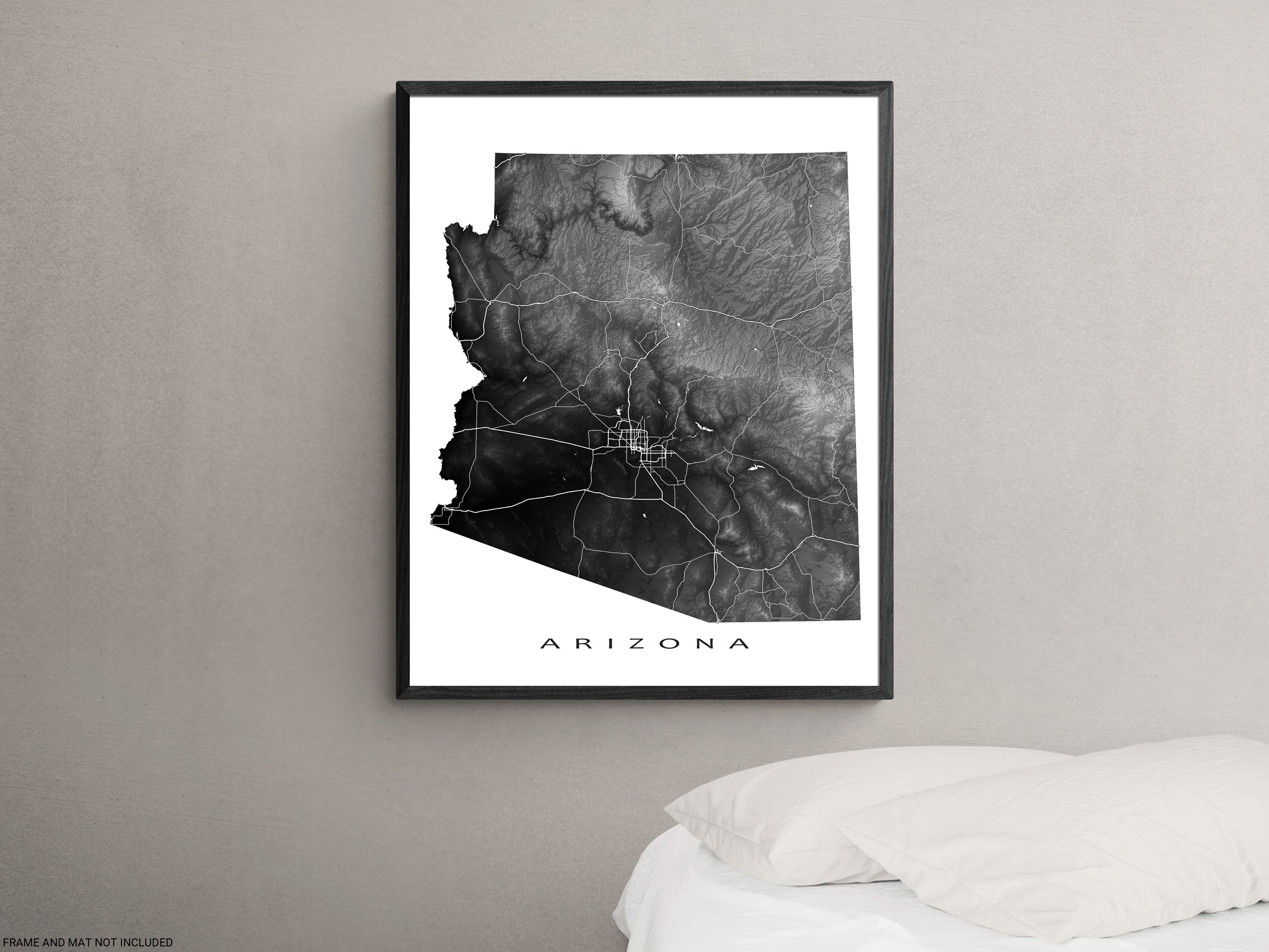 Arizona State Map Wall Art Print Poster, Topographic Terrain AZ Road M ...