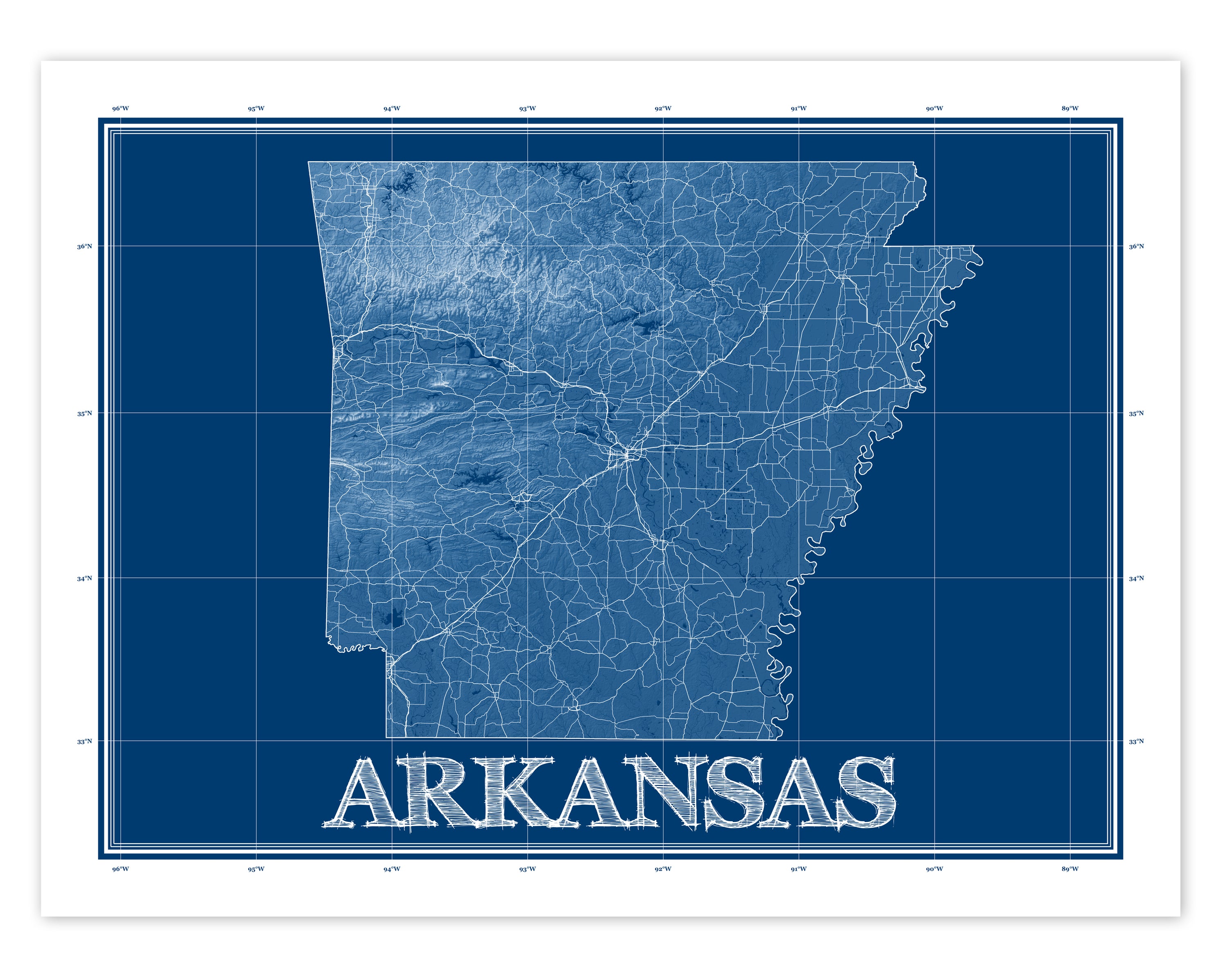 Arkansas State Map Wall Art Print Poster, Blueprint Patent Style Desig ...