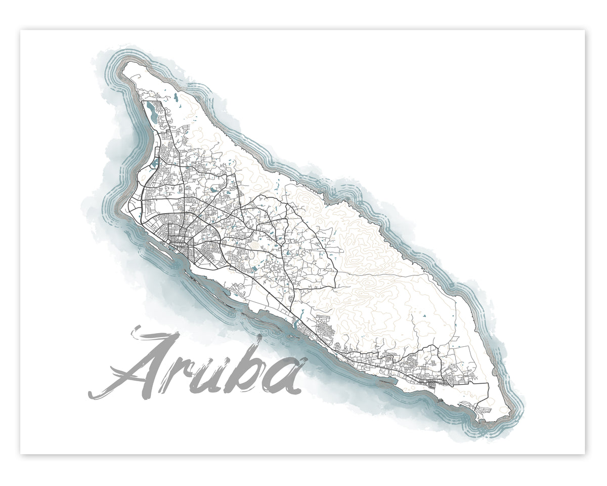 Aruba Map Wall Art Print Poster, ABC Islands Caribbean Watercolor Styl ...