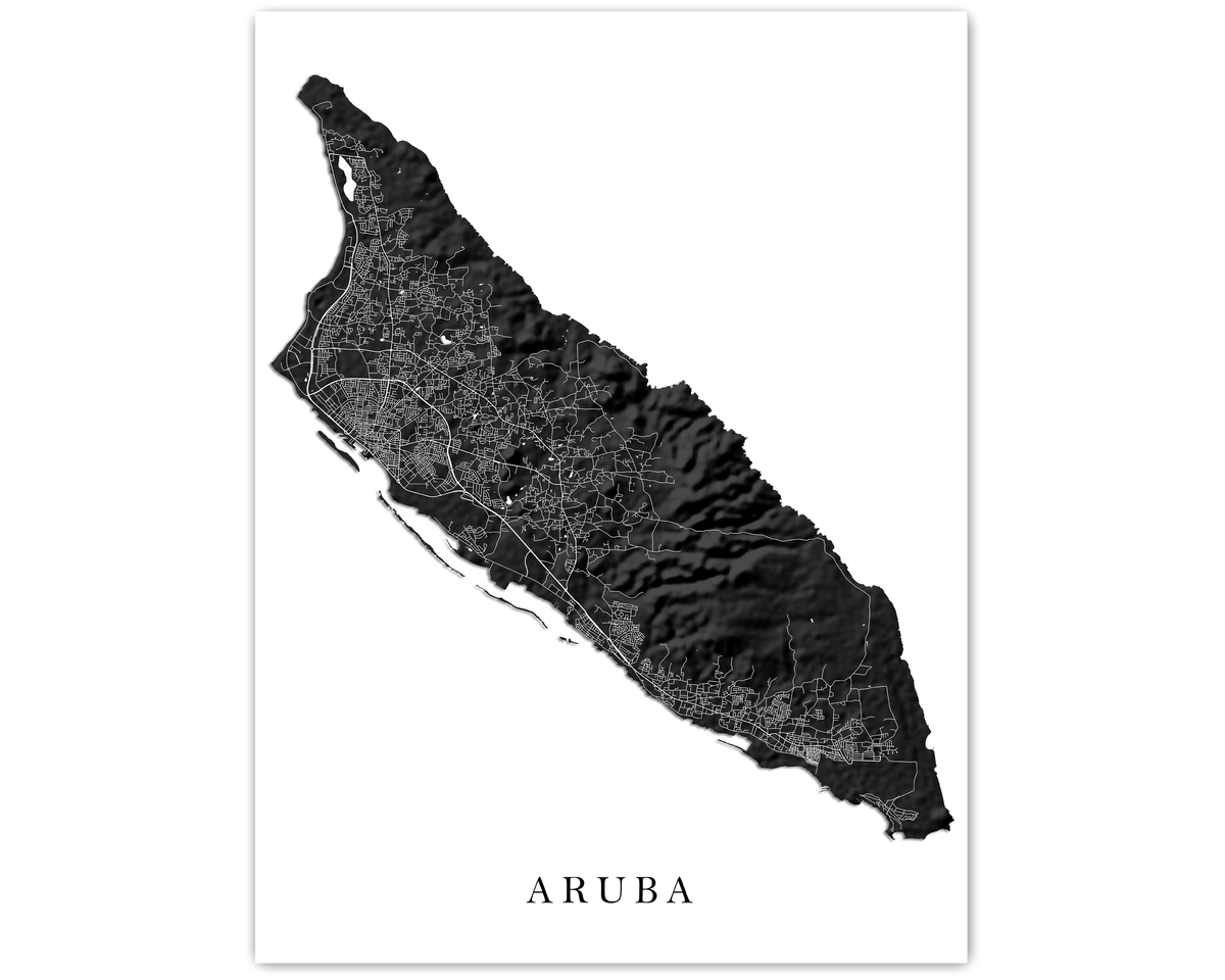 Aruba Map Print Poster, Black and White Topographic Caribbean Island W ...