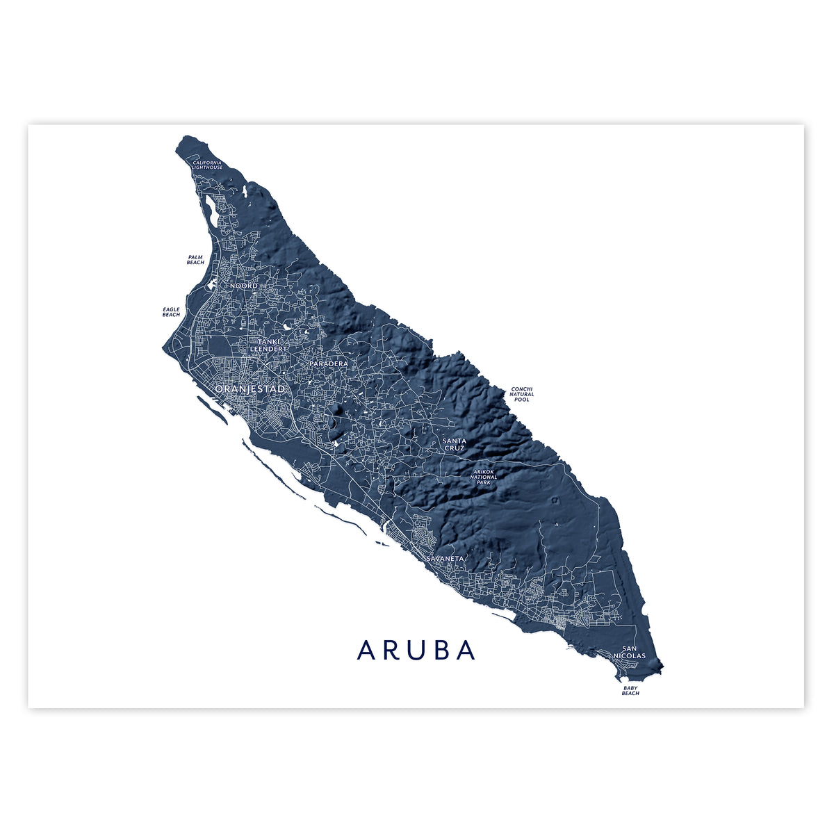 Aruba Topographic Map Print: Labelled Island Terrain Wall Art — Maps As Art