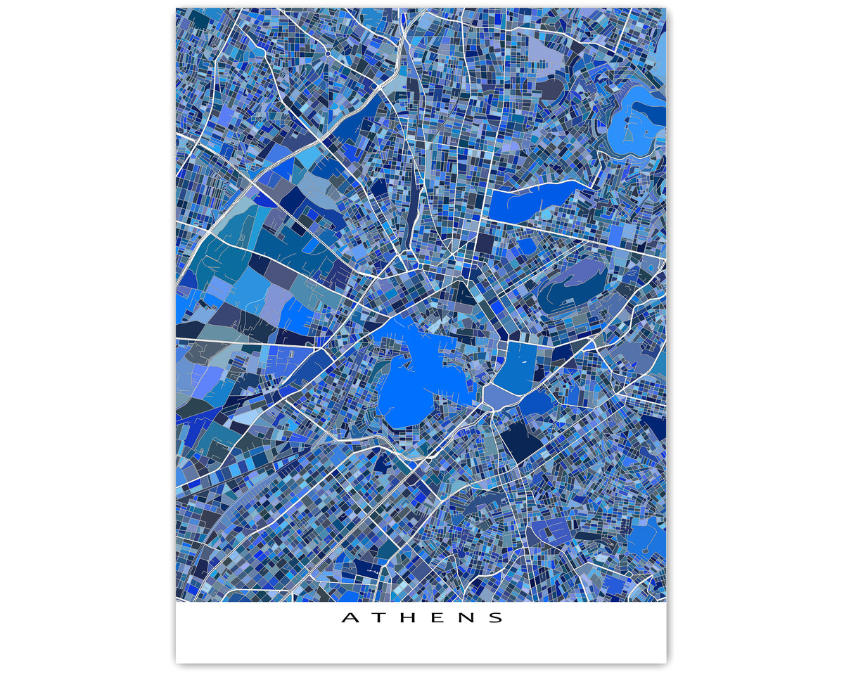 Athens Greece Map Wall Art Poster Print, Blue Geometric Abstract City ...