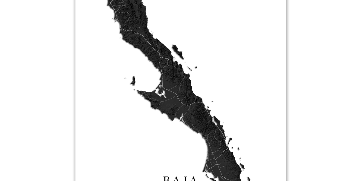 Baja Map Print Poster, Black and White Baja California Mexico Wall Art ...