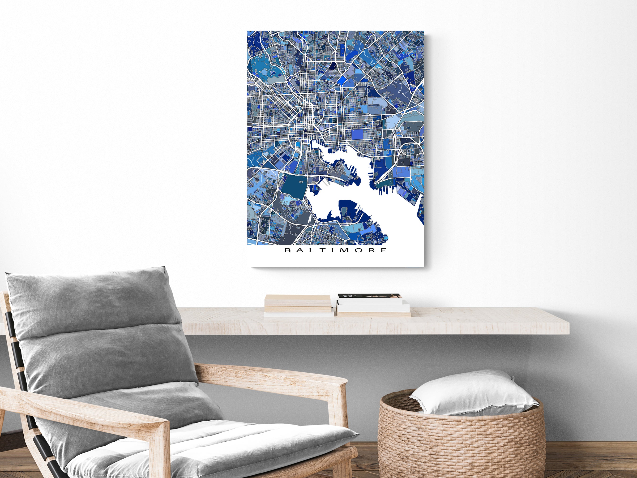 Baltimore City Street Map Wall Art Print Poster with Blue Geometric De ...