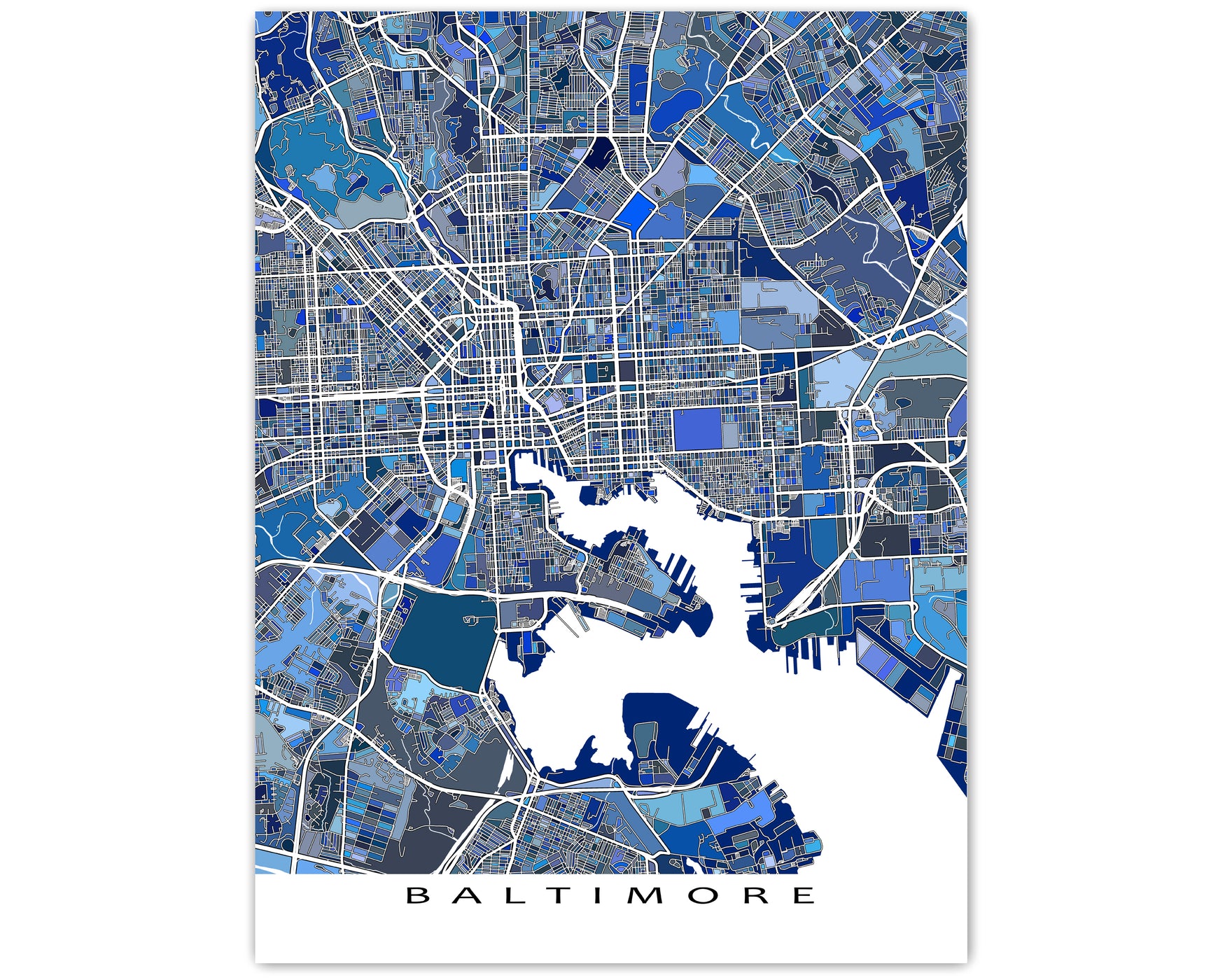Baltimore City Street Map Wall Art Print Poster with Blue Geometric De ...