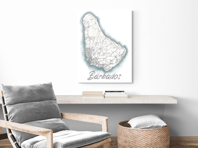 Barbados Island Map Wall Art Print Poster, Blue Watercolor Design Coas ...