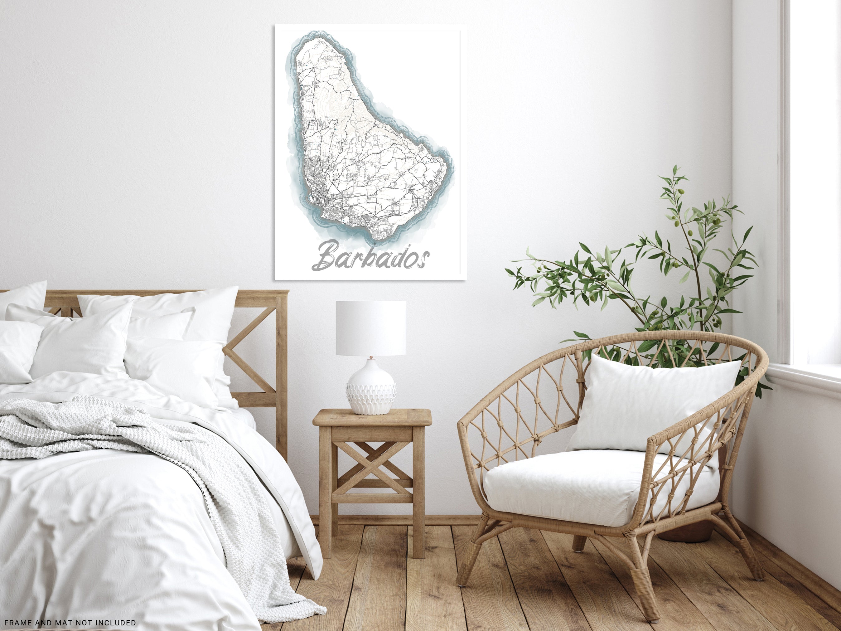 Barbados Island Map Wall Art Print Poster, Blue Watercolor Design Coas ...