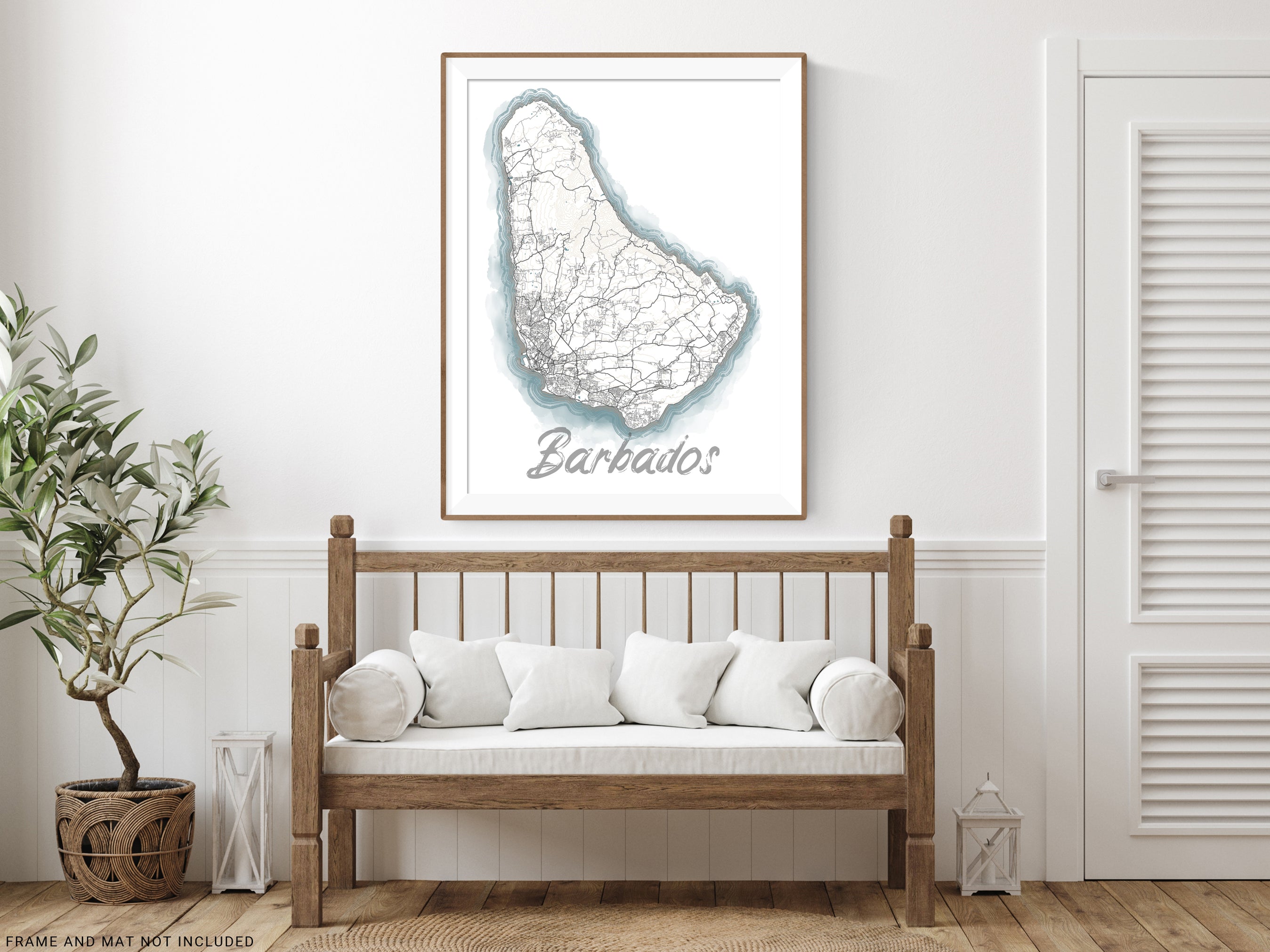 Barbados Island Map Wall Art Print Poster, Blue Watercolor Design Coas ...