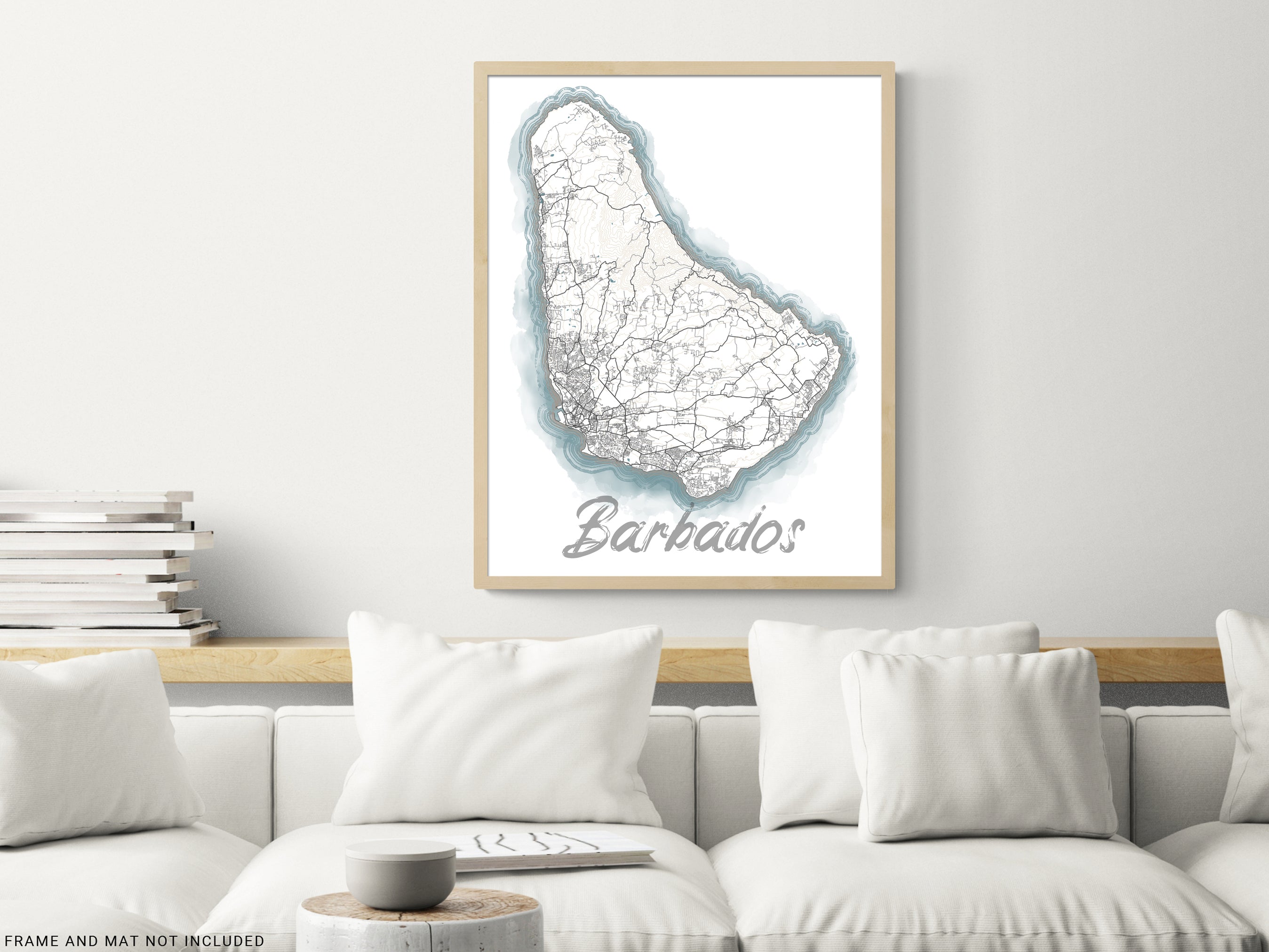 Barbados Island Map Wall Art Print Poster, Blue Watercolor Design Coas ...