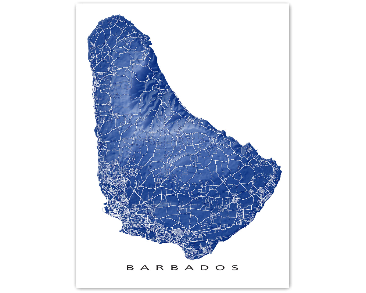 Barbados Map Wall Art Print Poster, Topographic Caribbean Island Road ...