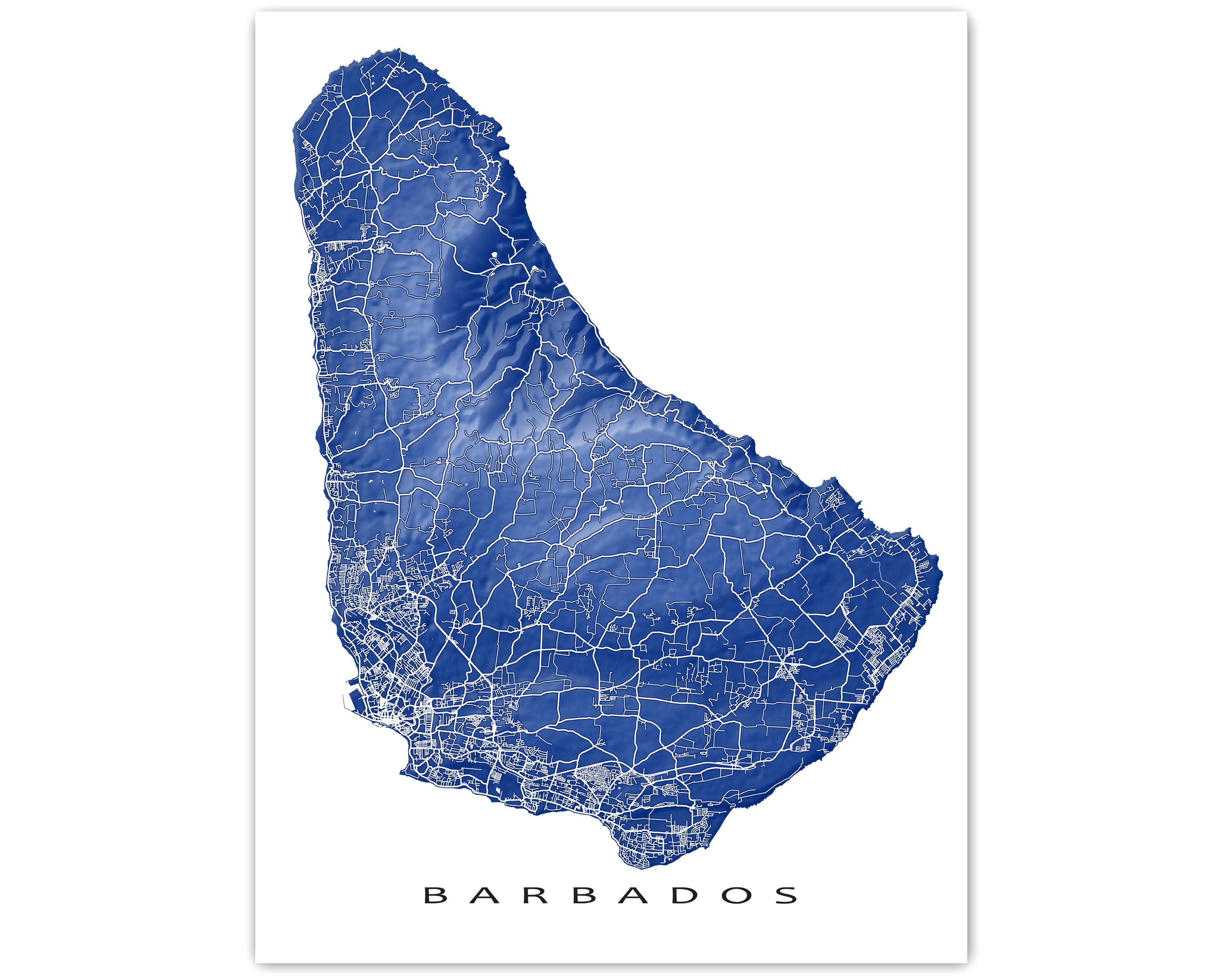 Barbados Map Wall Art Print Poster, Topographic Caribbean Island Road ...