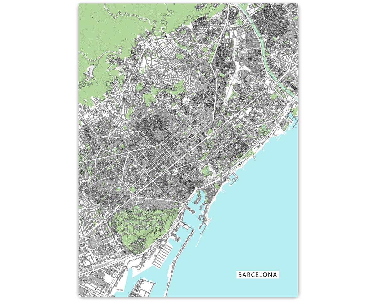 Barcelona Map Wall Art Print Poster with Buildings, Modern Spain City ...