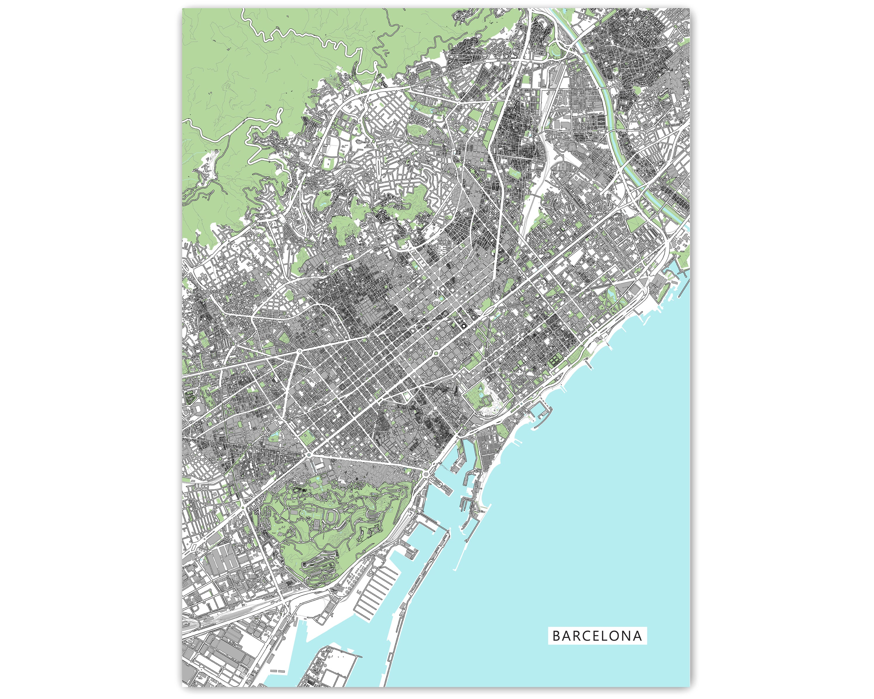 Barcelona Map Wall Art Print Poster with Buildings, Modern Spain City ...