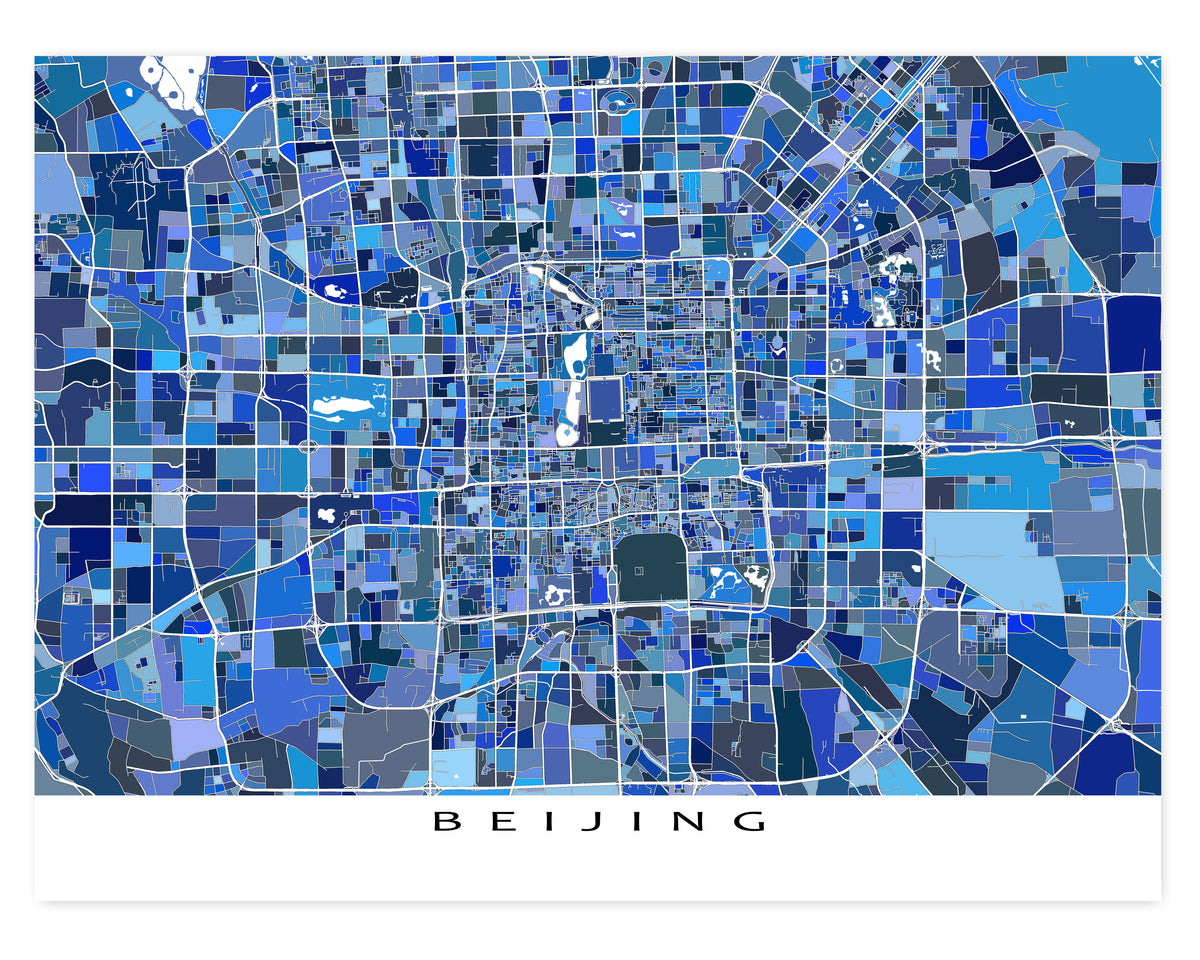 Beijing China Map Print Poster with Blue Geometric Abstract City Stree ...