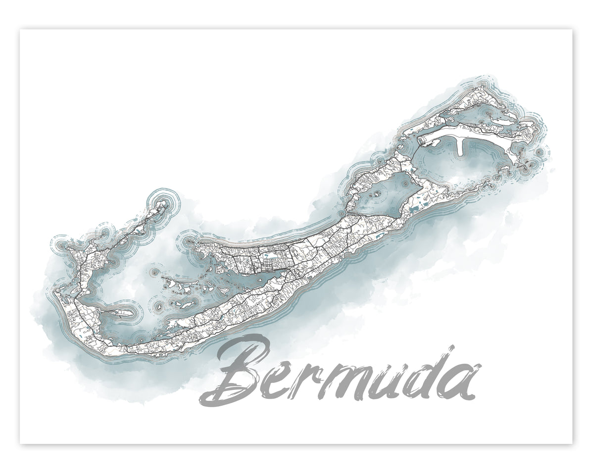 Bermuda Island Map Wall Art Print Poster, Watercolor Style Design Cont ...