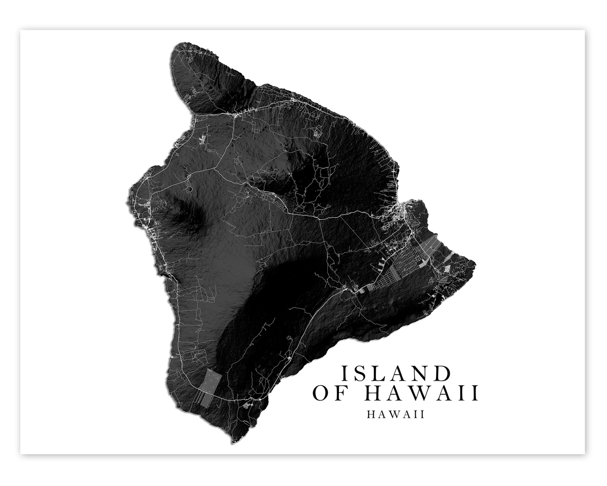 Island of Hawaii Map Print: Black & White Topographic Big Island Wall ...