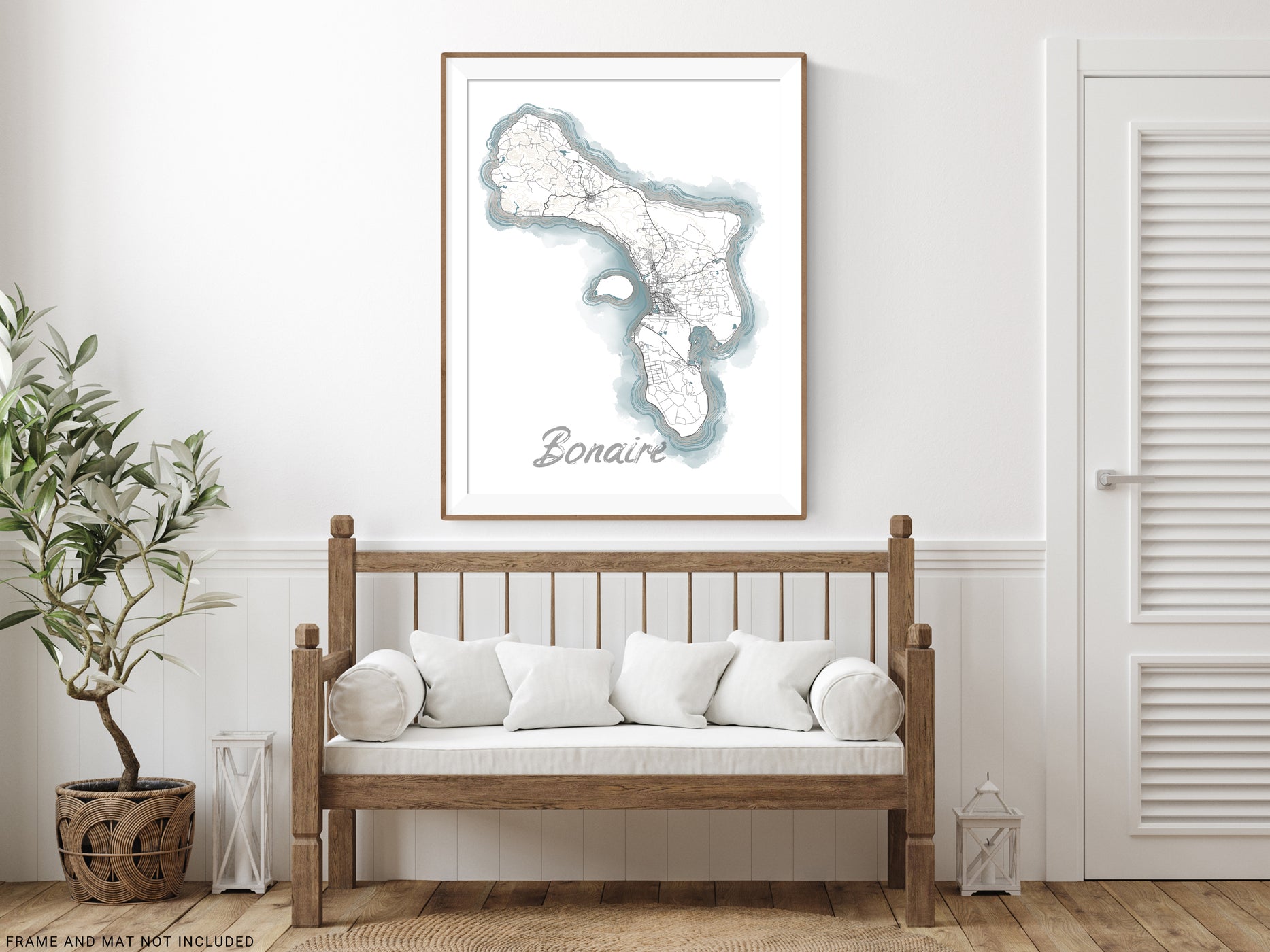 Bonaire Island Map Wall Art Print Poster, Watercolor Design Contour Ma ...