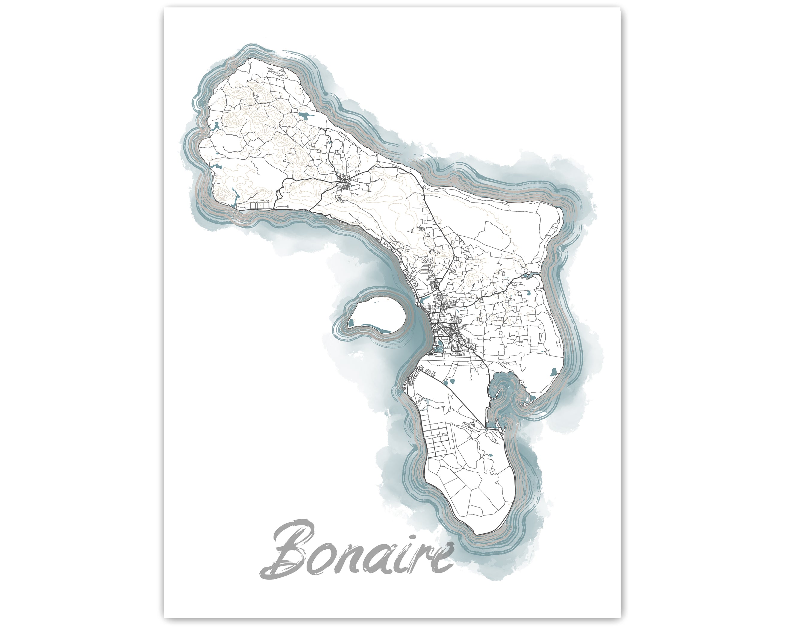 Bonaire Island Map Wall Art Print Poster, Watercolor Design Contour Ma ...