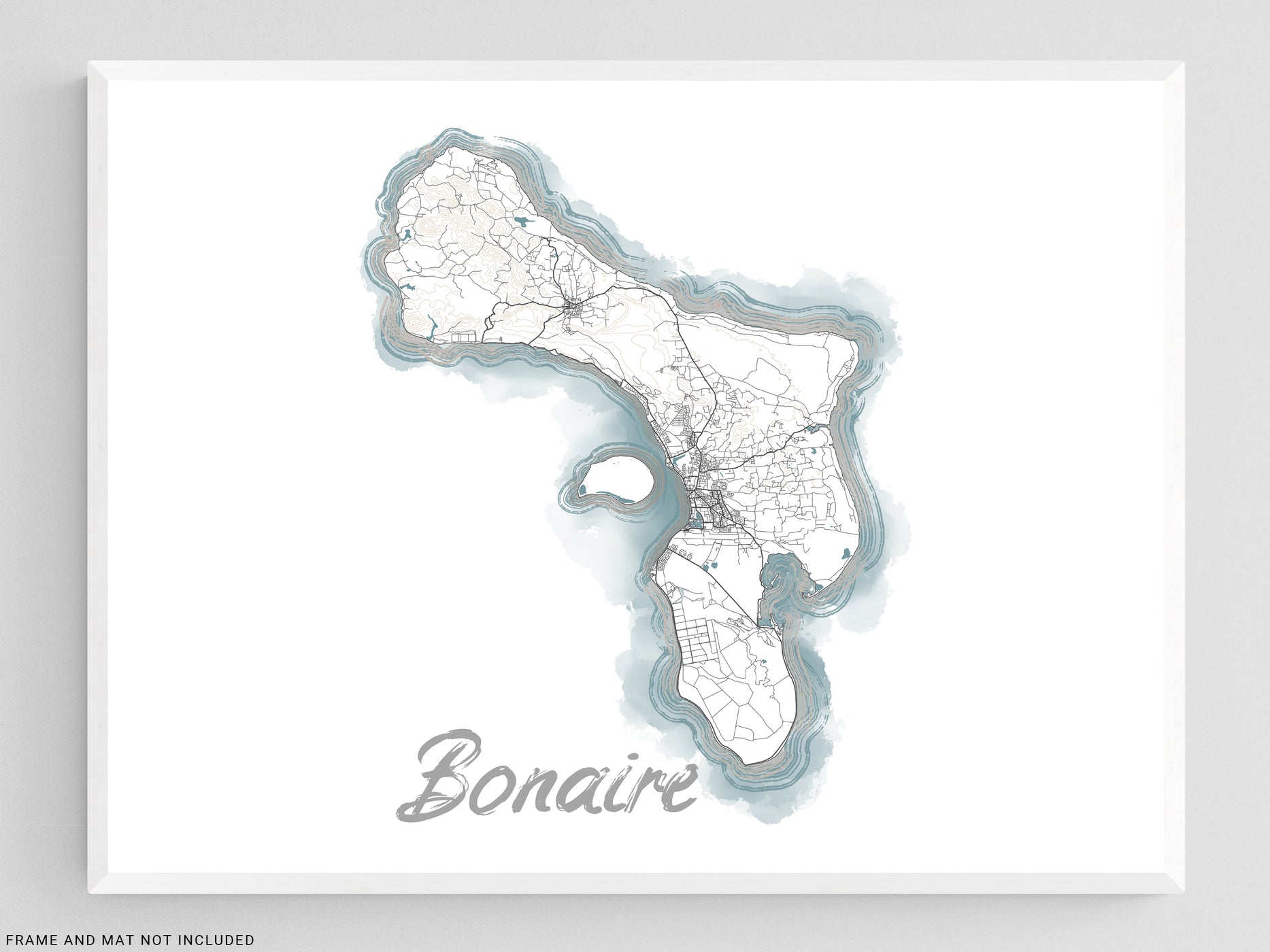 Bonaire Island Map Wall Art Print Poster, Watercolor Design Contour Ma ...