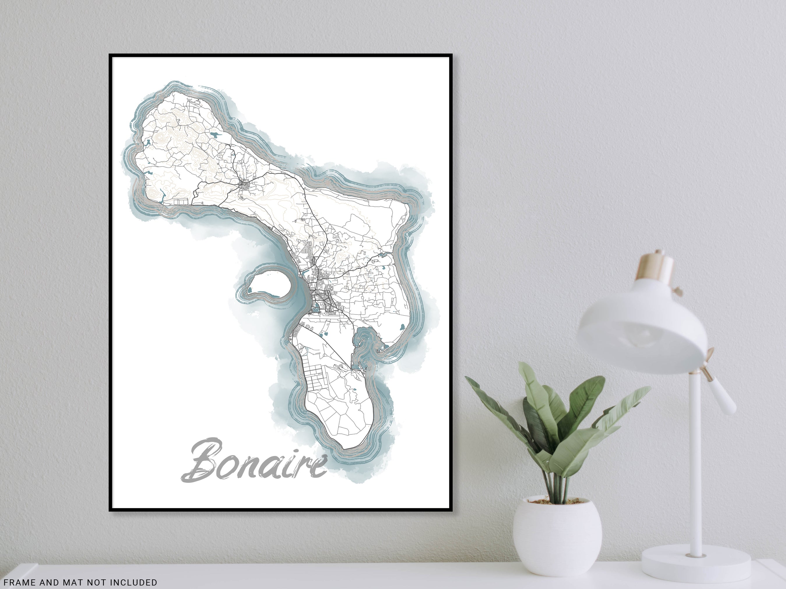 Bonaire Island Map Wall Art Print Poster, Watercolor Design Contour Ma ...