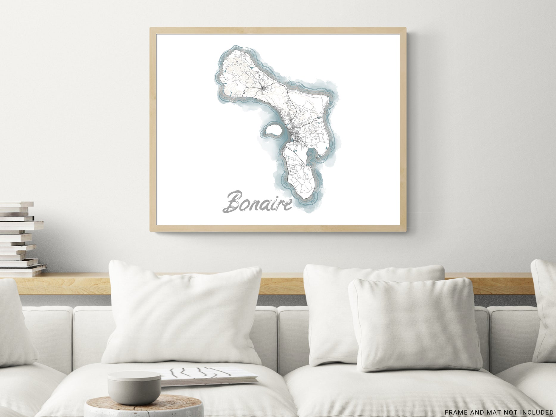 Bonaire Island Map Wall Art Print Poster, Watercolor Design Contour Ma ...