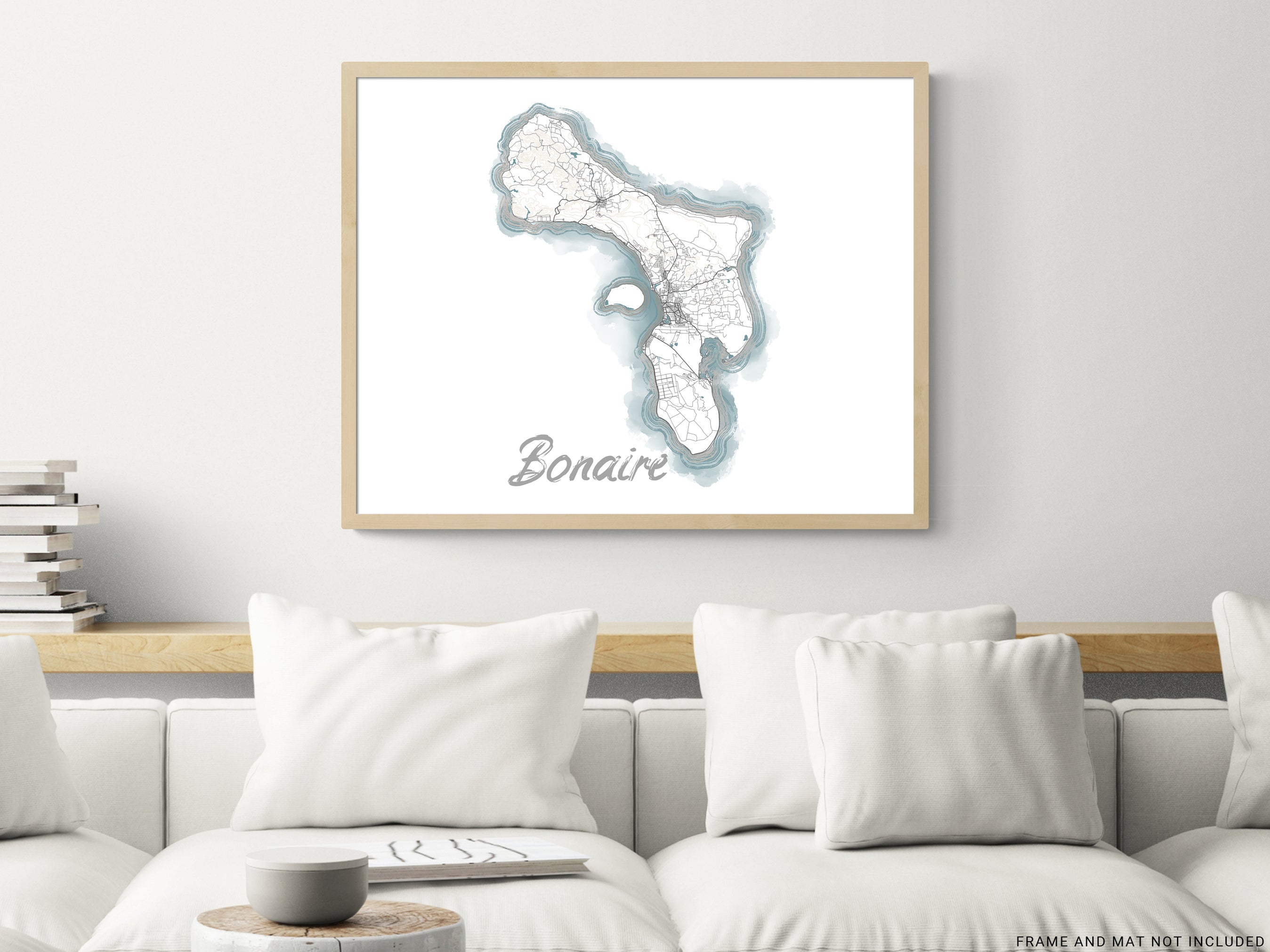 Bonaire Island Map Wall Art Print Poster, Watercolor Design Contour Ma ...