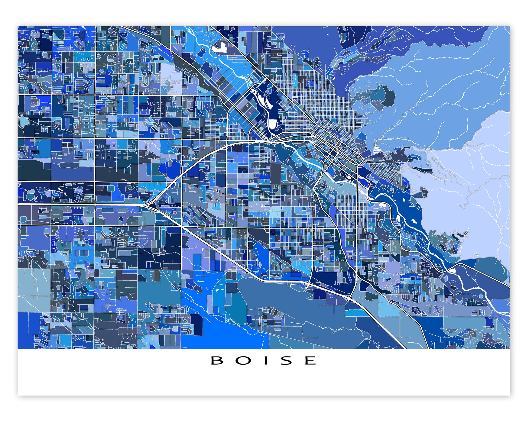 Boise Idaho Map Print Poster, Blue Geometric Boise ID City Street Wall ...