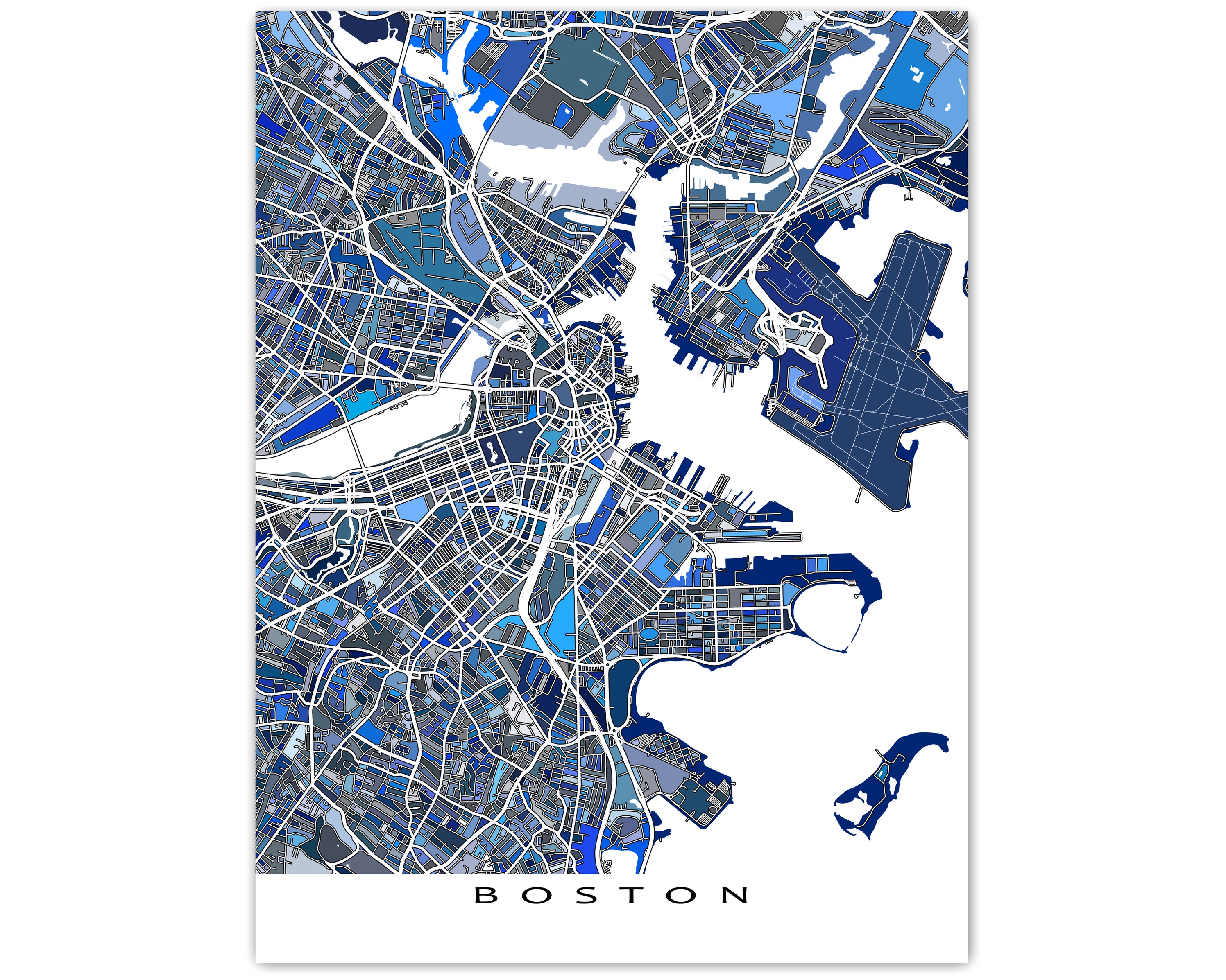 Boston Map Print, Blue Geometric Massachusetts City Street Wall Art Po ...