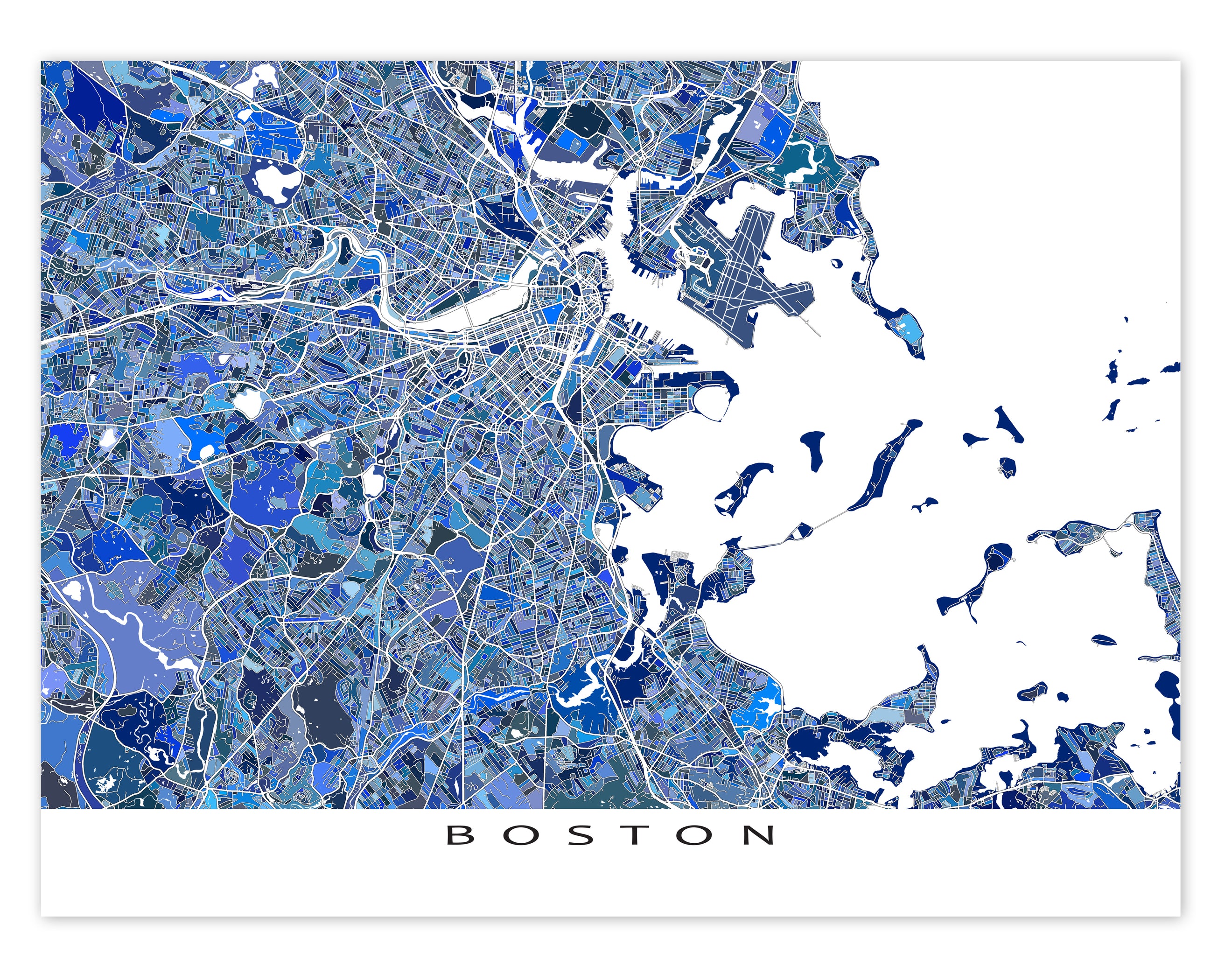 Boston Map Print, Boston Wall Art Prints, Blue Geometric Boston Massac ...