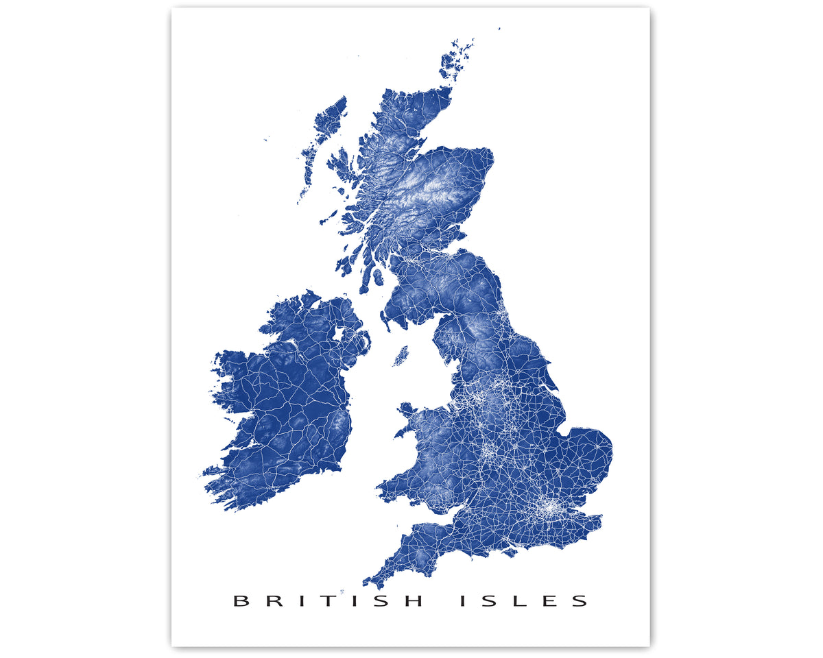 British Isles Map Wall Art Print Poster, Great Britain Road Maps, Irel ...