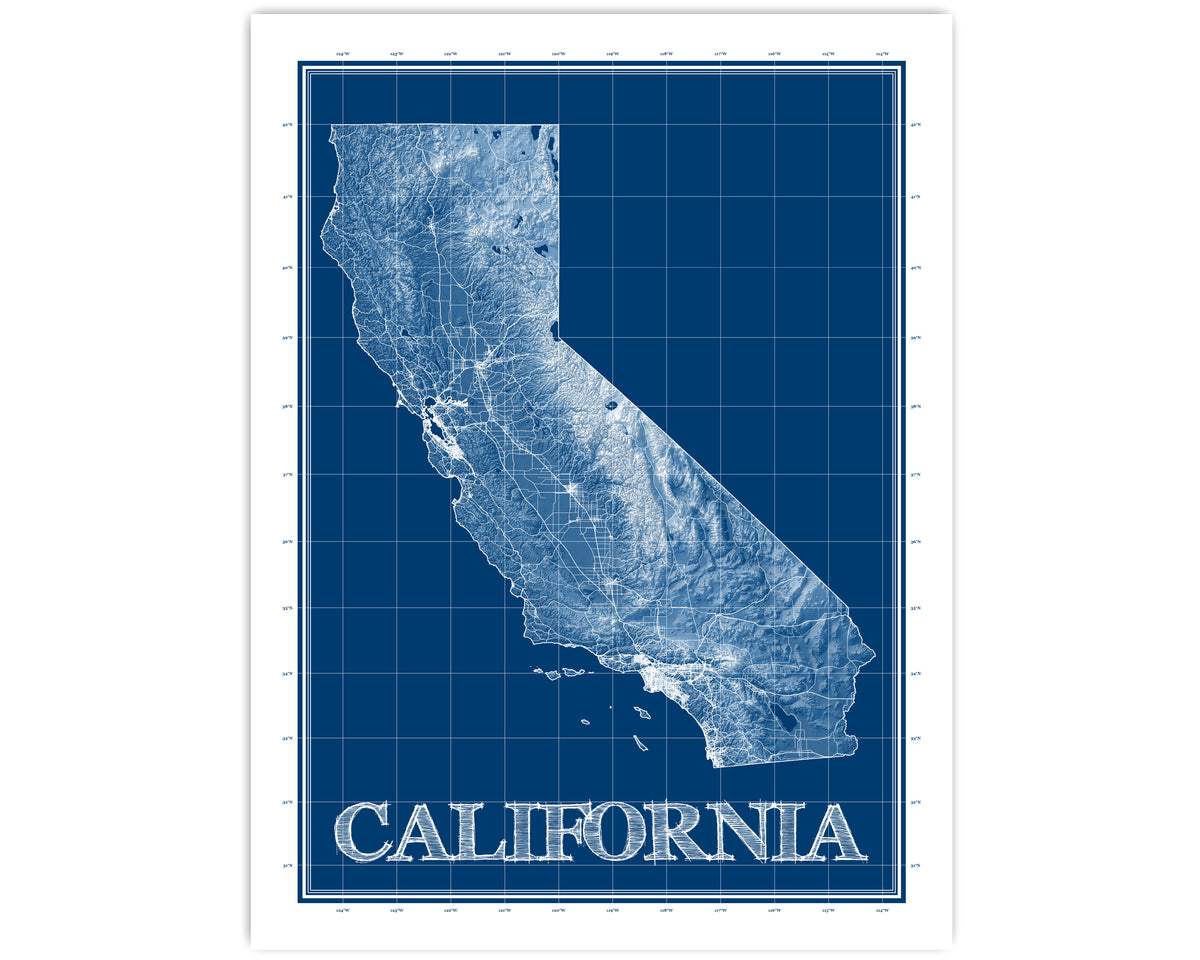 California Map Wall Art Poster Print, Blueprint Style CA State Maps ...
