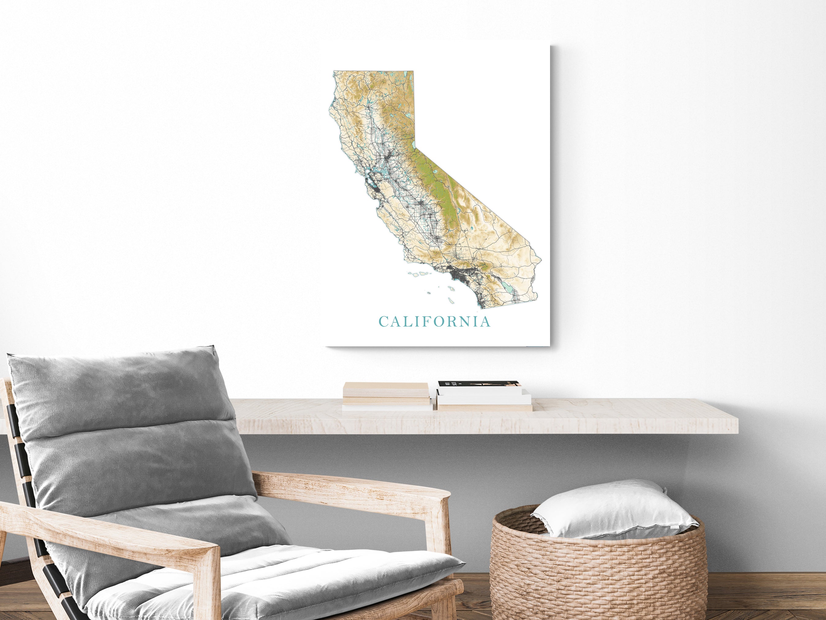 California State Wall Art Map Print Poster, Topographic Landscape Road ...
