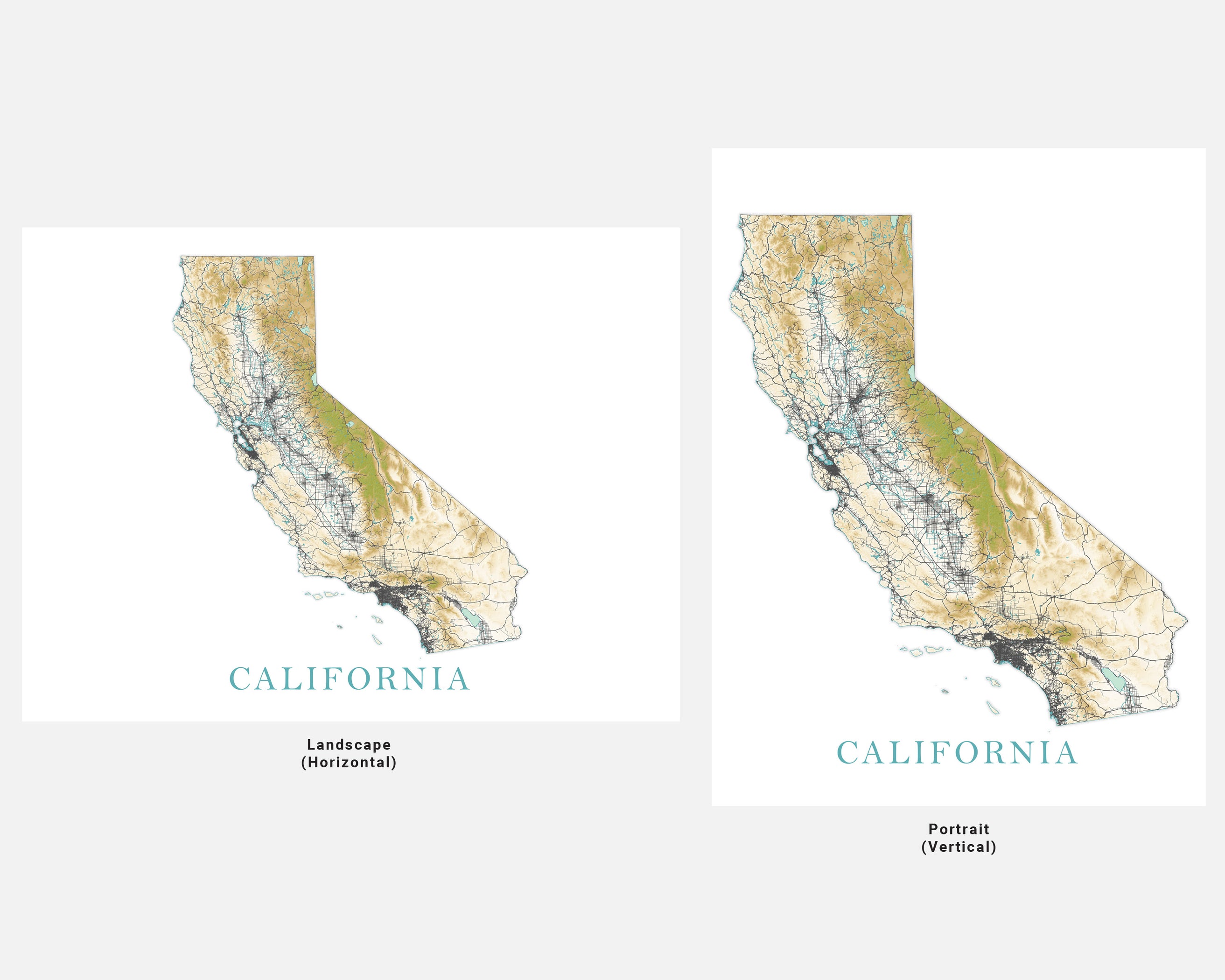 California State Wall Art Map Print Poster, Topographic Landscape Road ...