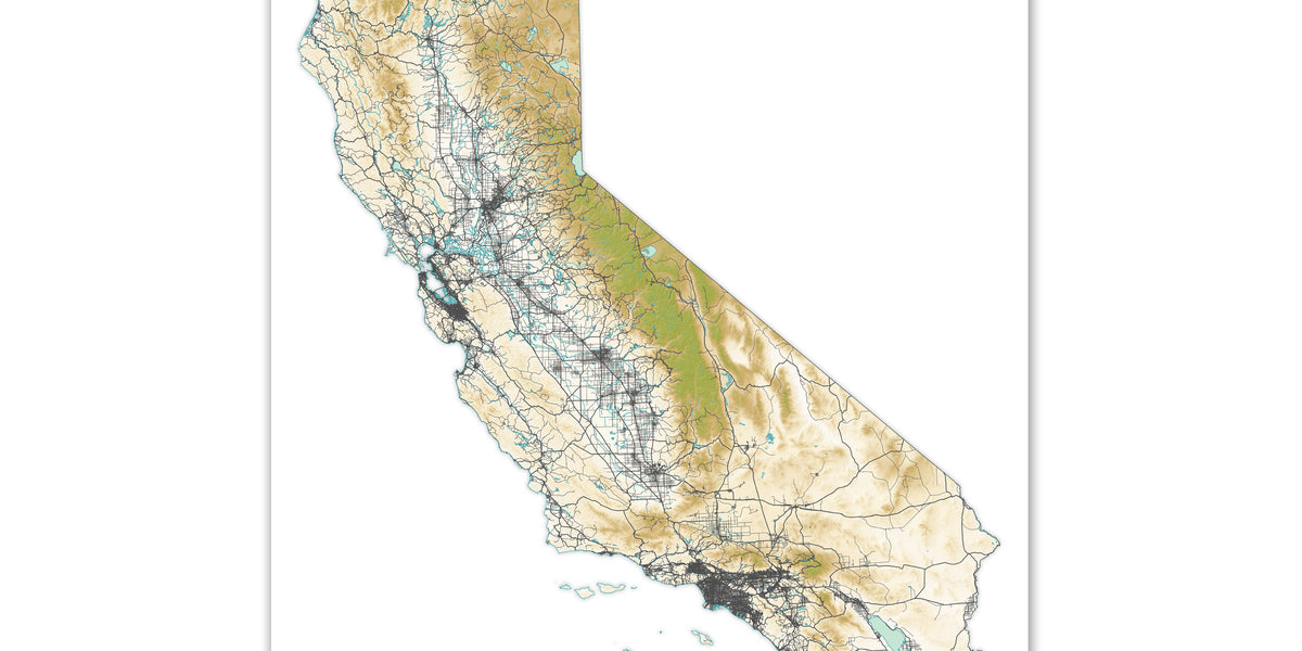 California State Wall Art Map Print Poster, Topographic Landscape Road ...