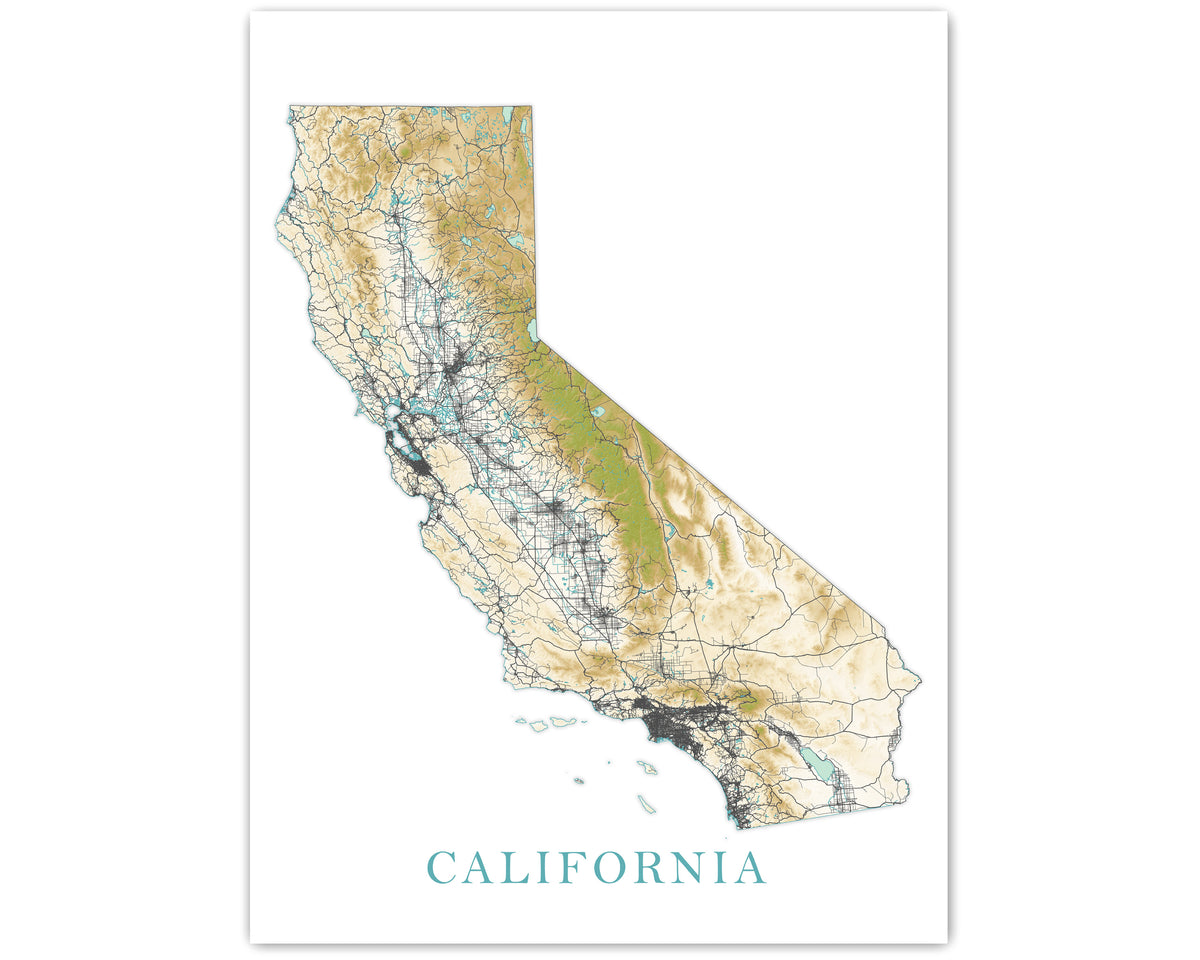 California State Wall Art Map Print Poster, Topographic Landscape Road ...