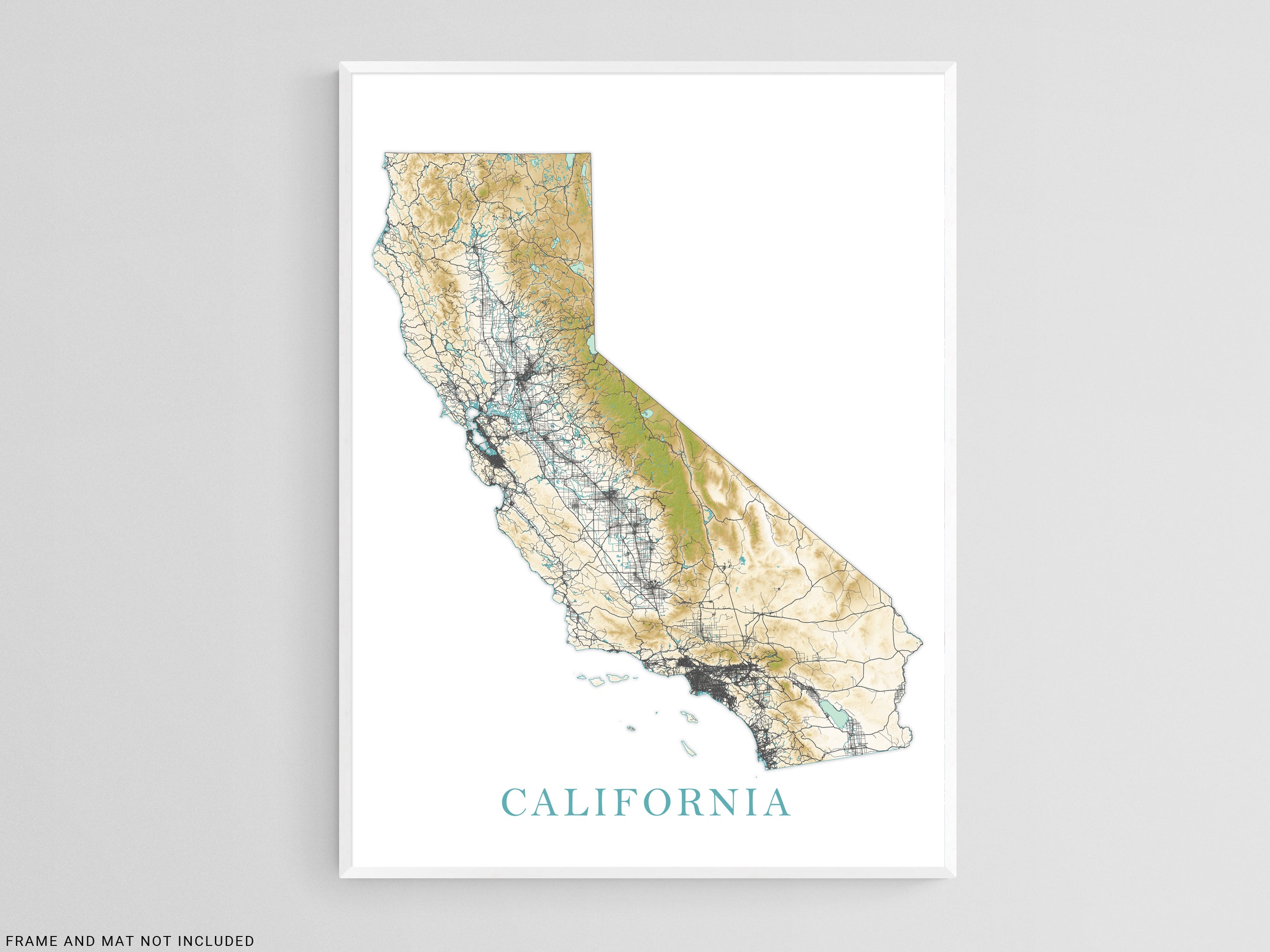 California State Wall Art Map Print Poster, Topographic Landscape Road ...