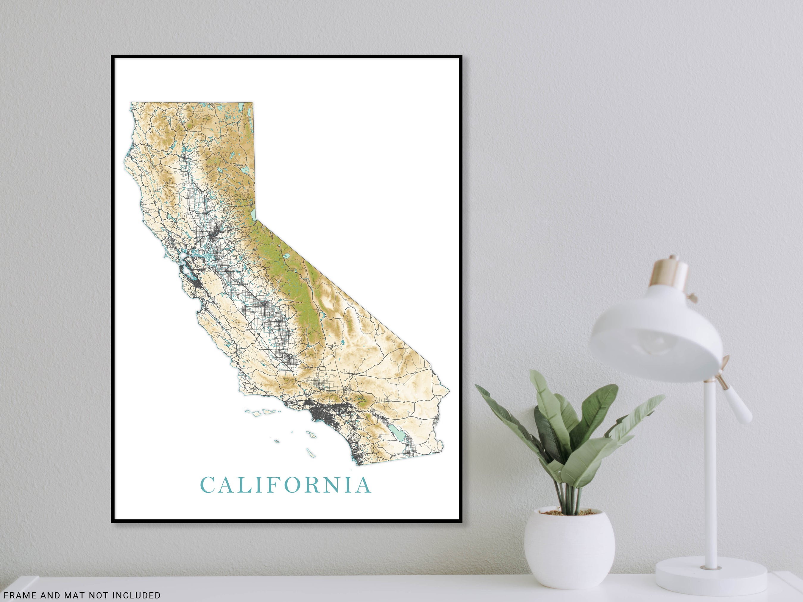 California State Wall Art Map Print Poster, Topographic Landscape Road ...