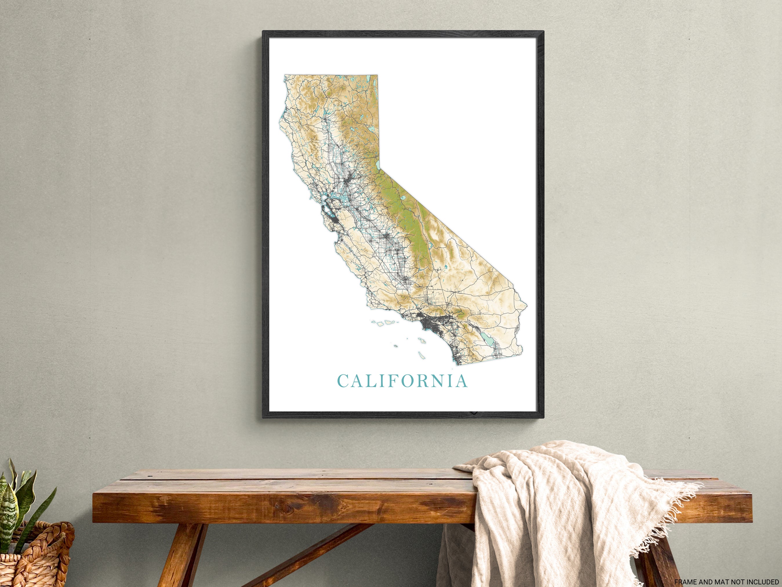 California State Wall Art Map Print Poster, Topographic Landscape Road ...