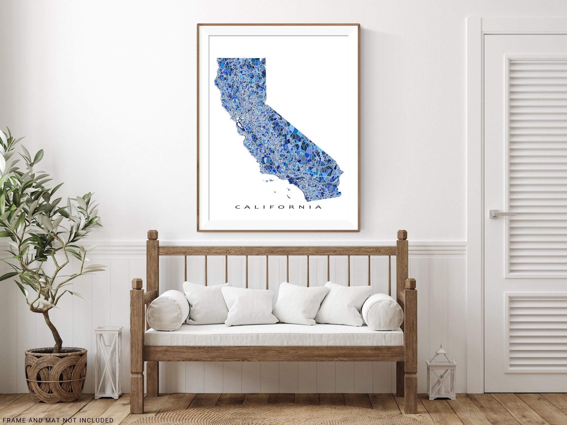 California State Map Print Poster, Blue Geometric Shapes CA Wall Art R ...