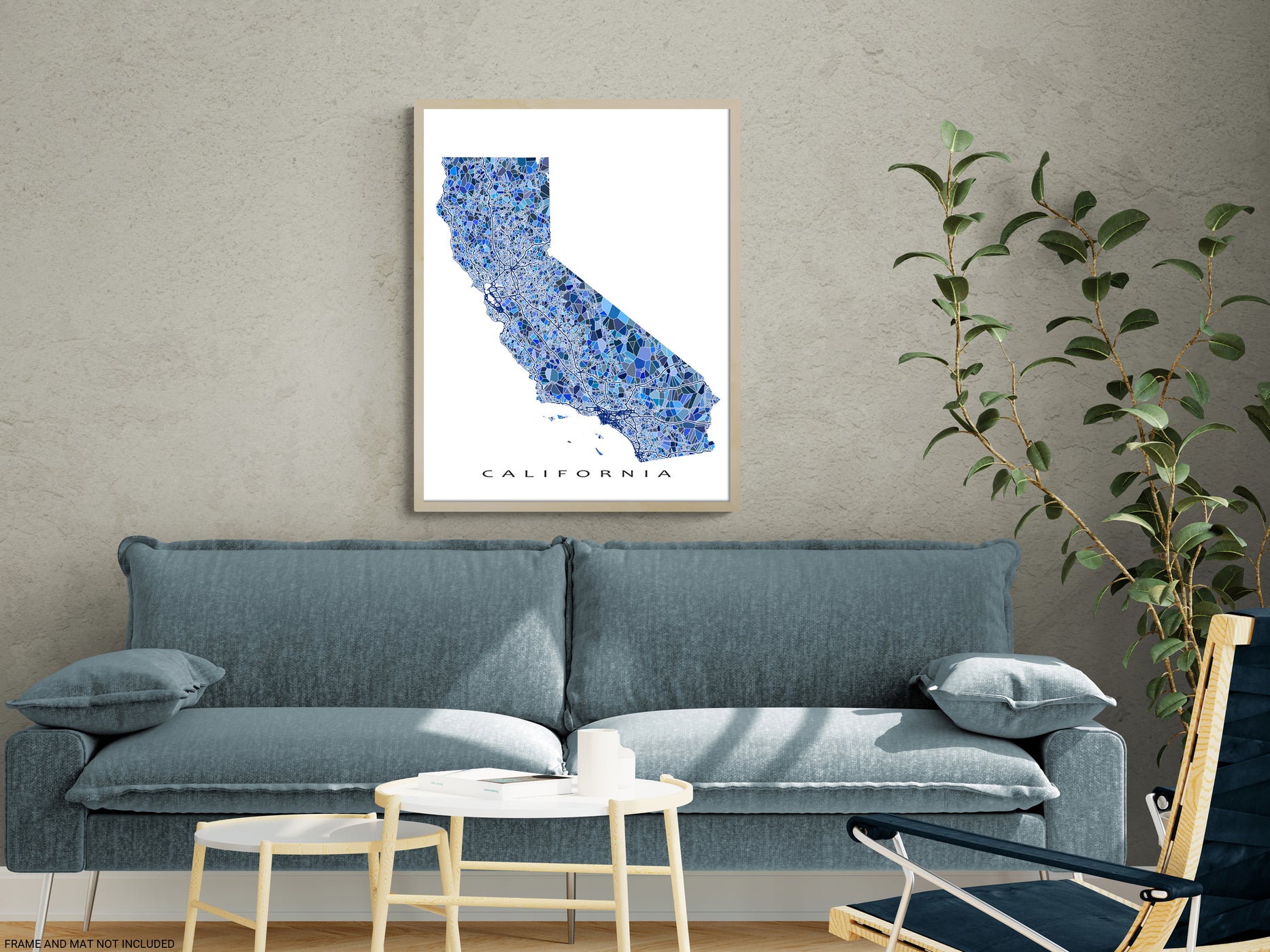 California State Map Print Poster, Blue Geometric Shapes CA Wall Art R ...