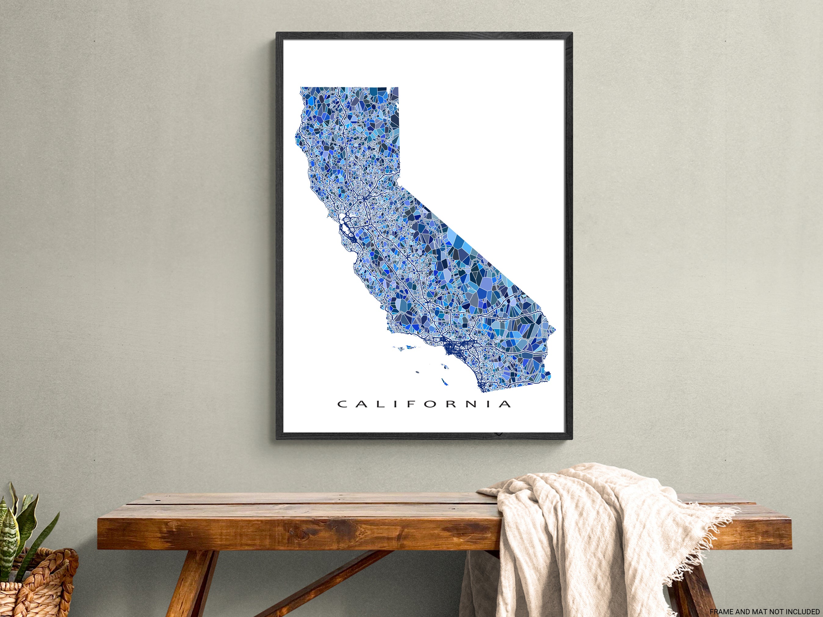 California State Map Print Poster, Blue Geometric Shapes CA Wall Art R ...