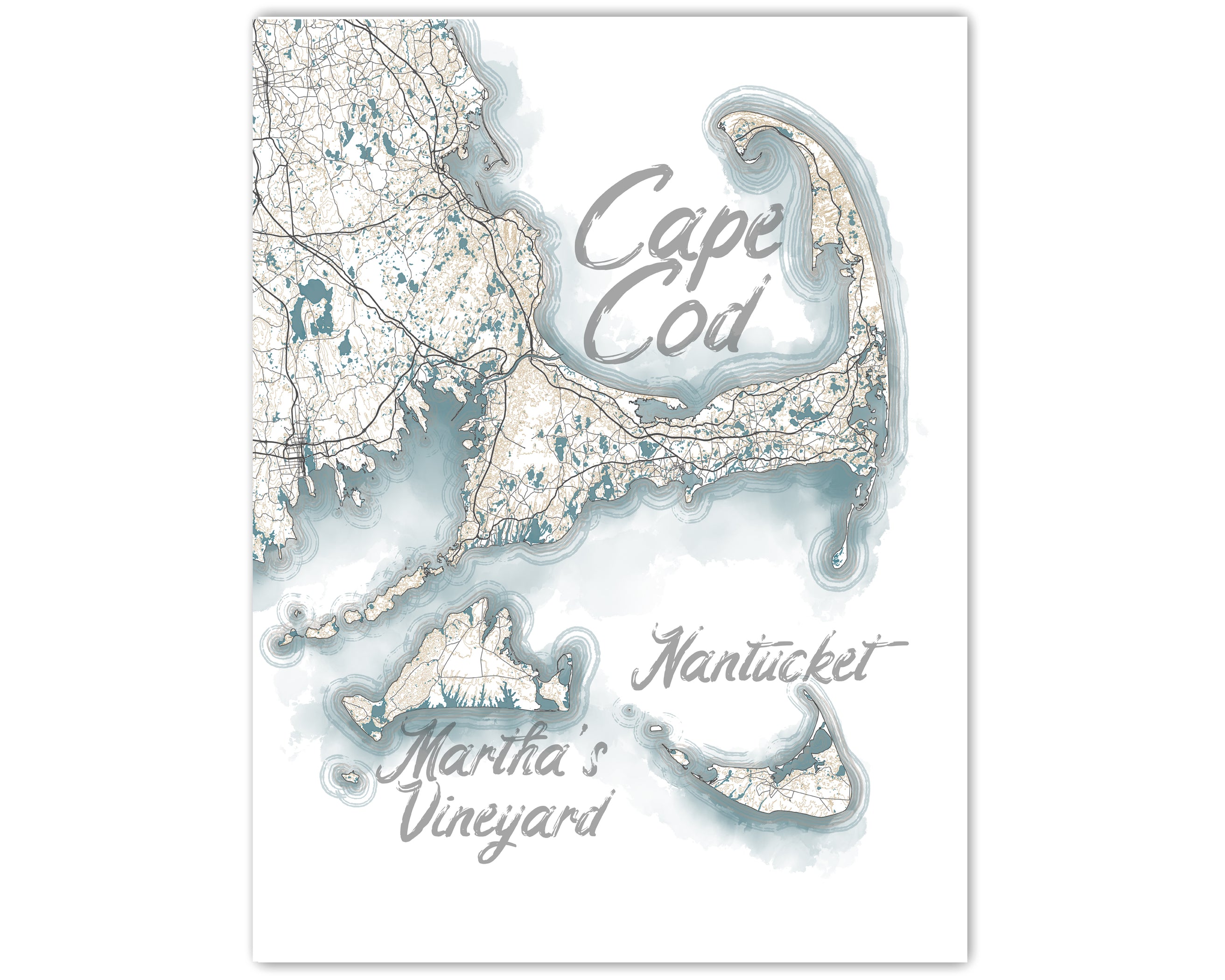 Cape Cod Marthas Vineyard Nantucket Island Watercolor Style Contour Ma ...
