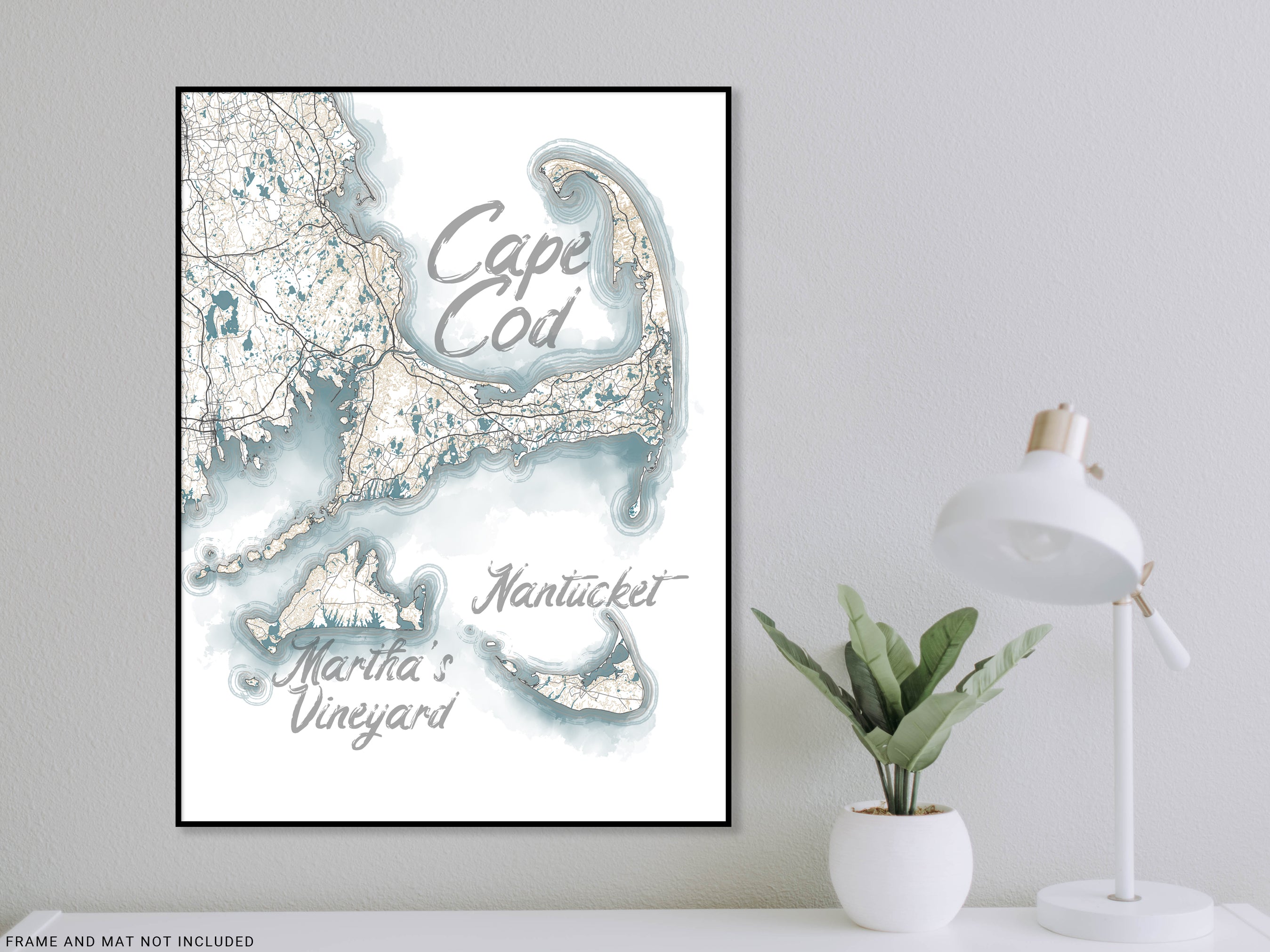 Cape Cod Marthas Vineyard Nantucket Island Watercolor Style Contour Ma ...